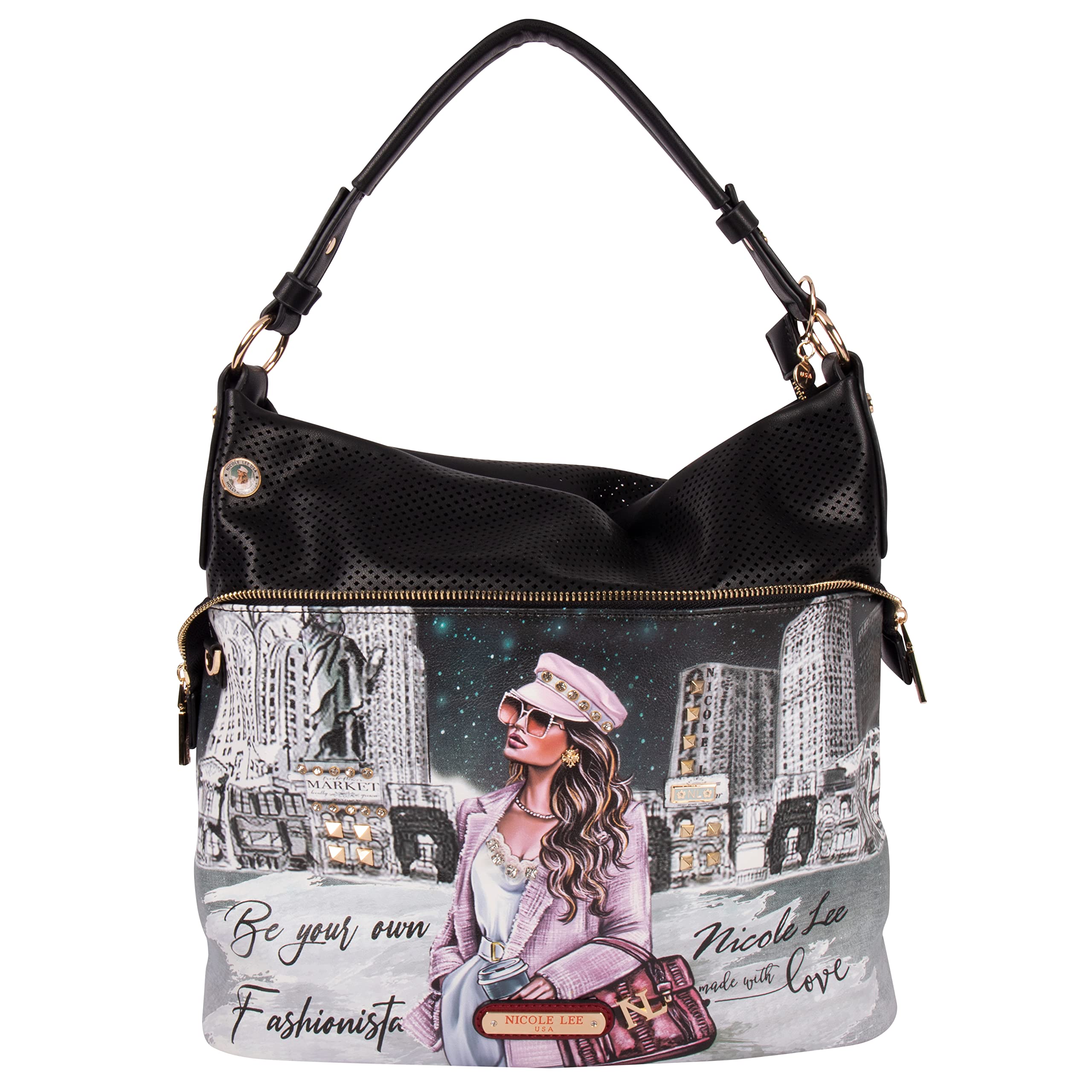 Nicole Lee Sara is Soft but Strong Large Shoulder Bag, Black Diamond Embellished Studded Handbag with Adjustable, Detachable Crossbody Strap