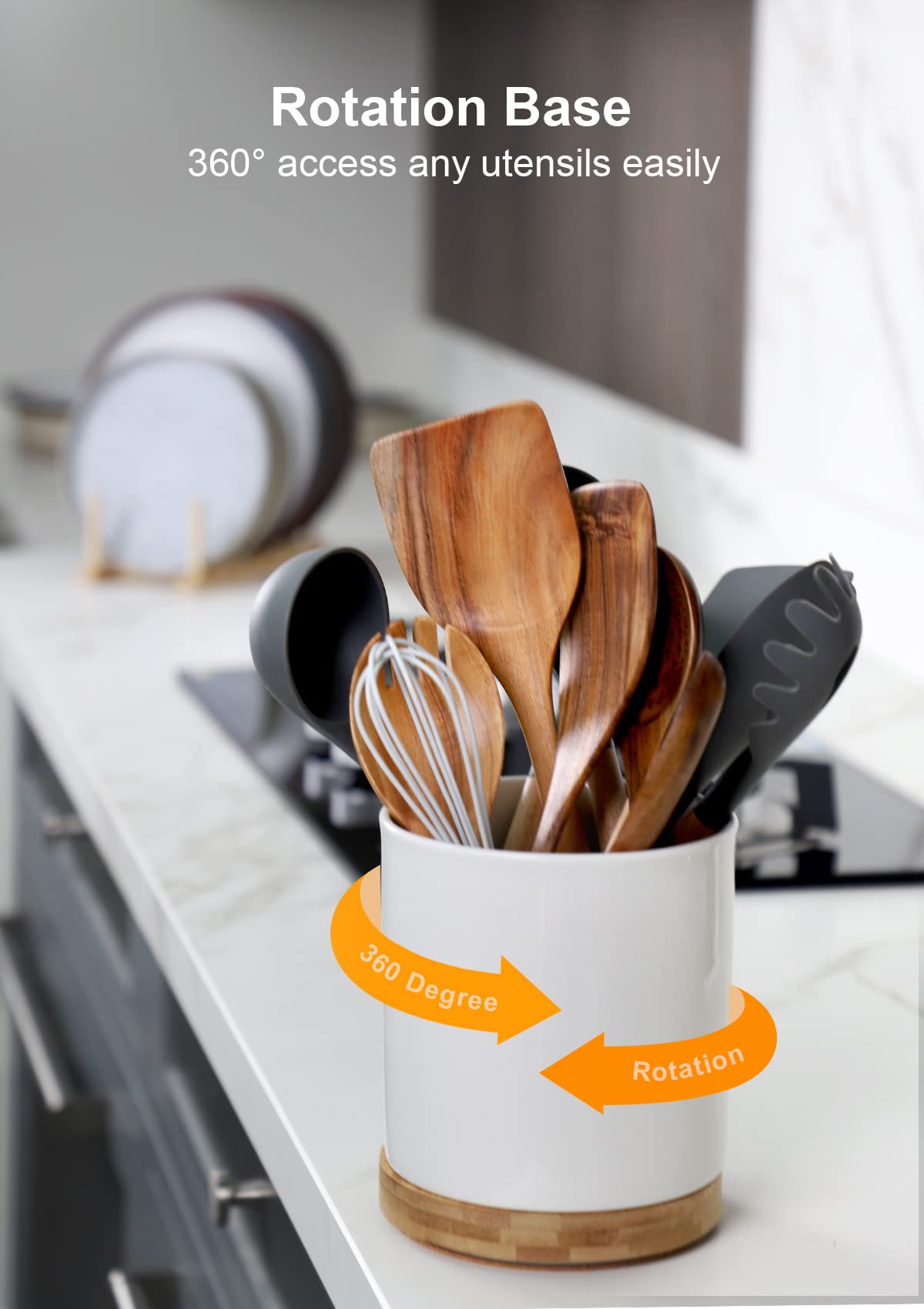 Nucookery 360° Rotating Utensil Holder, 7.2" Large Utensil Crock, White Ceramic Cooking Utensil Organizer with Countertop-Protection Cork Bottom for Farmhouse Kitchen Decor Gift (White)