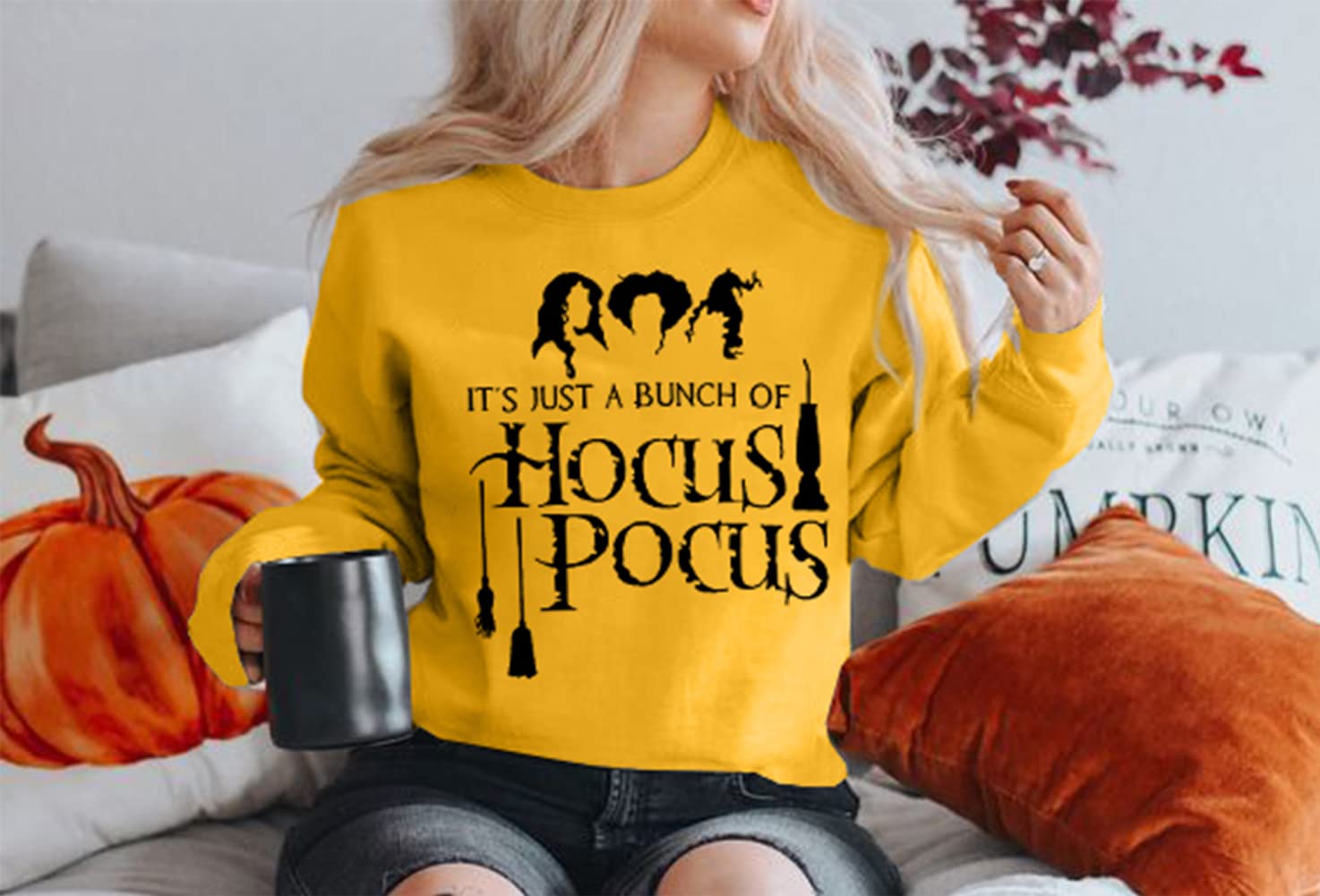 KIDDAD It's Just A Bunch of Hocus Pocus T-Shirt Women Halloween Sanderson Sisters Long Sleeve Crewneck Casual Pullover Tops Yellow