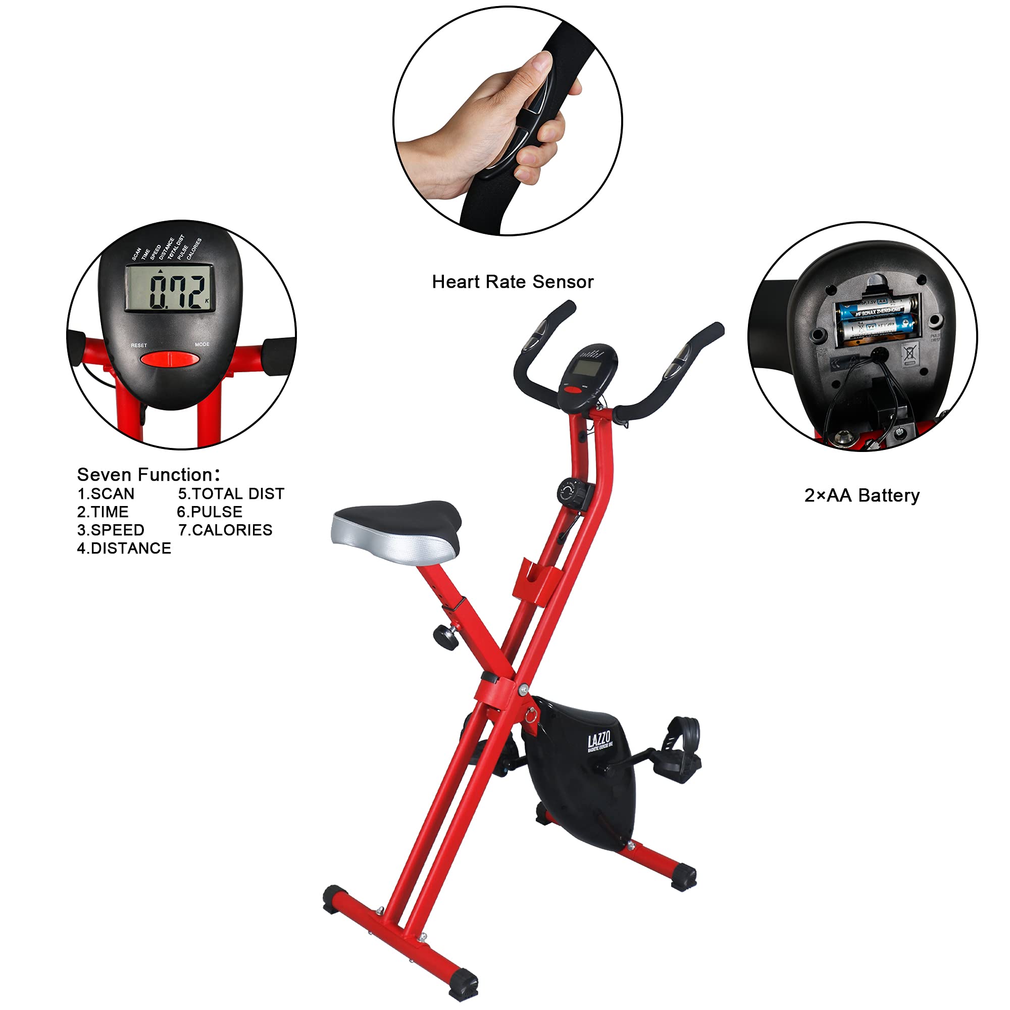 LAZZO Indoor Folding Magnetic Slim Exercise Bike| Bundle Includes Larger Soft seat,8-Levels Adjustable Resistance,Perfect for Home Use| Bear 250 lbs
