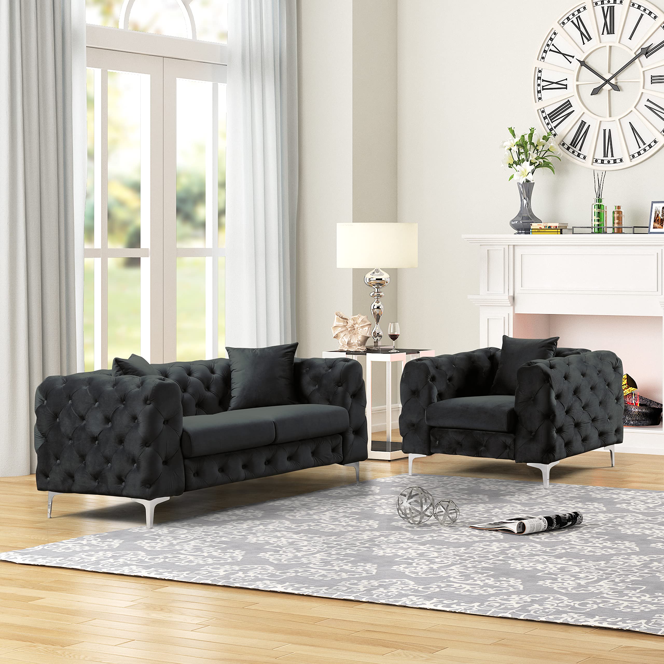 Morden Fort Modern Velvet Sofa Set Chair Loveseat 2 Pieces for Living Room Bedroom Office with Deep Button Tufting, Solid Wood Frame and Iron Legs-Silver Grey