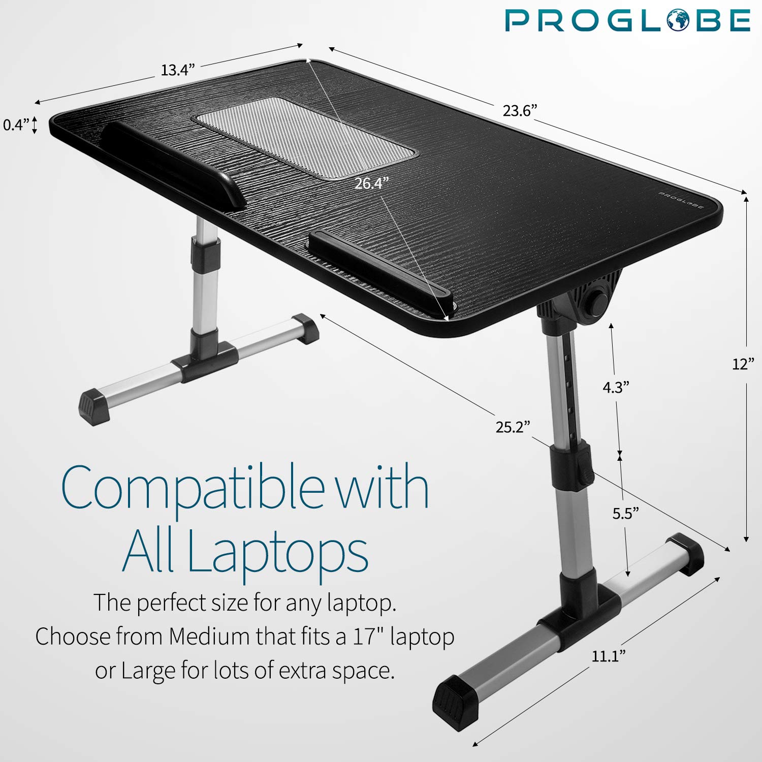 Large Laptop Stand for Bed with Fan, Proglobe Lap Desk for Laptop, Laptop Stand with Adjustable Height, Tray for Eating and Laptops, Foldable & Portable, Work from Home Accessories (Black, 23X13)