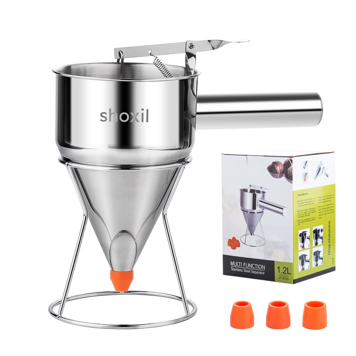 Shoxil 20oz Pancake Batter Dispenser, Multi-Caliber Stainless Steel Funnel Cake Dispenser with Stand Great for Pancakes, Cupcakes or Any Baked Goods