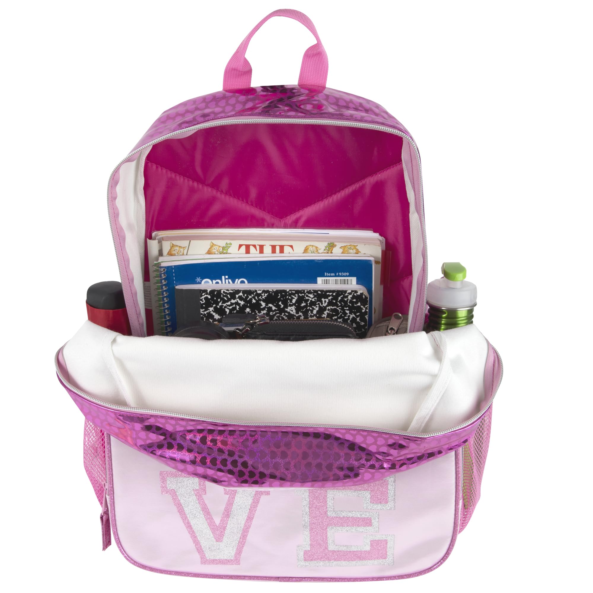 MADISON & DAKOTA Holographic Laser Rainbow Hearts Vinyl Backpack with Water Bottle Pockets, Padded Straps (Glitter Love)