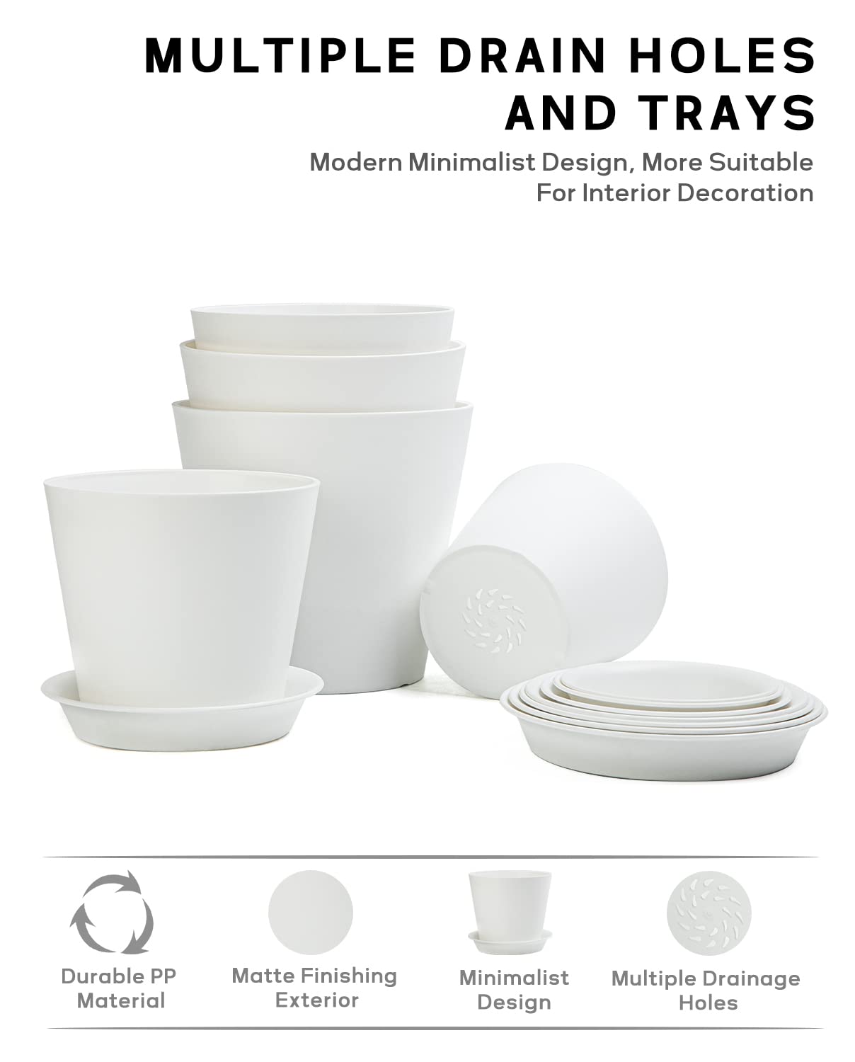 LaDoVita 7 Pack Plastic Plant Pots Indoor, 7/6.5/6/5.5/5/4.5/4 Inch Modern Planters for Plants, Flower Pots with Drainage Holes and Trays, White