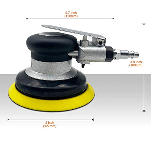 Senray Professional Air Random Orbital Palm Sander, 5-Inch Heavy Duty Dual Action Pneumatic Sander with 1pc Spare Plate, 8Pcs Sandpapers