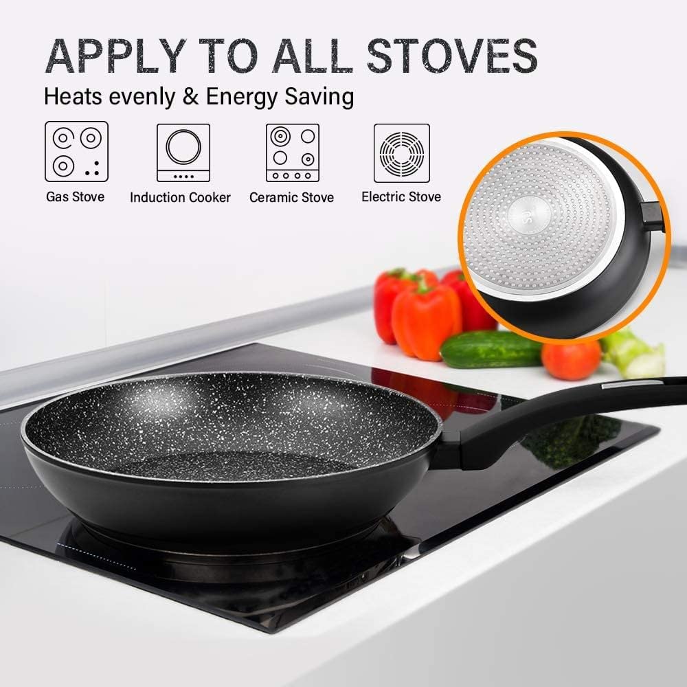 KOCH SYSTEME CS 8''+11'' Nonstick Aluminum Frying Pan Set with Lids, Non-toxic Granite Stone Coating, Easy Cleanup, All Stoves Available, Ideal for Cooking