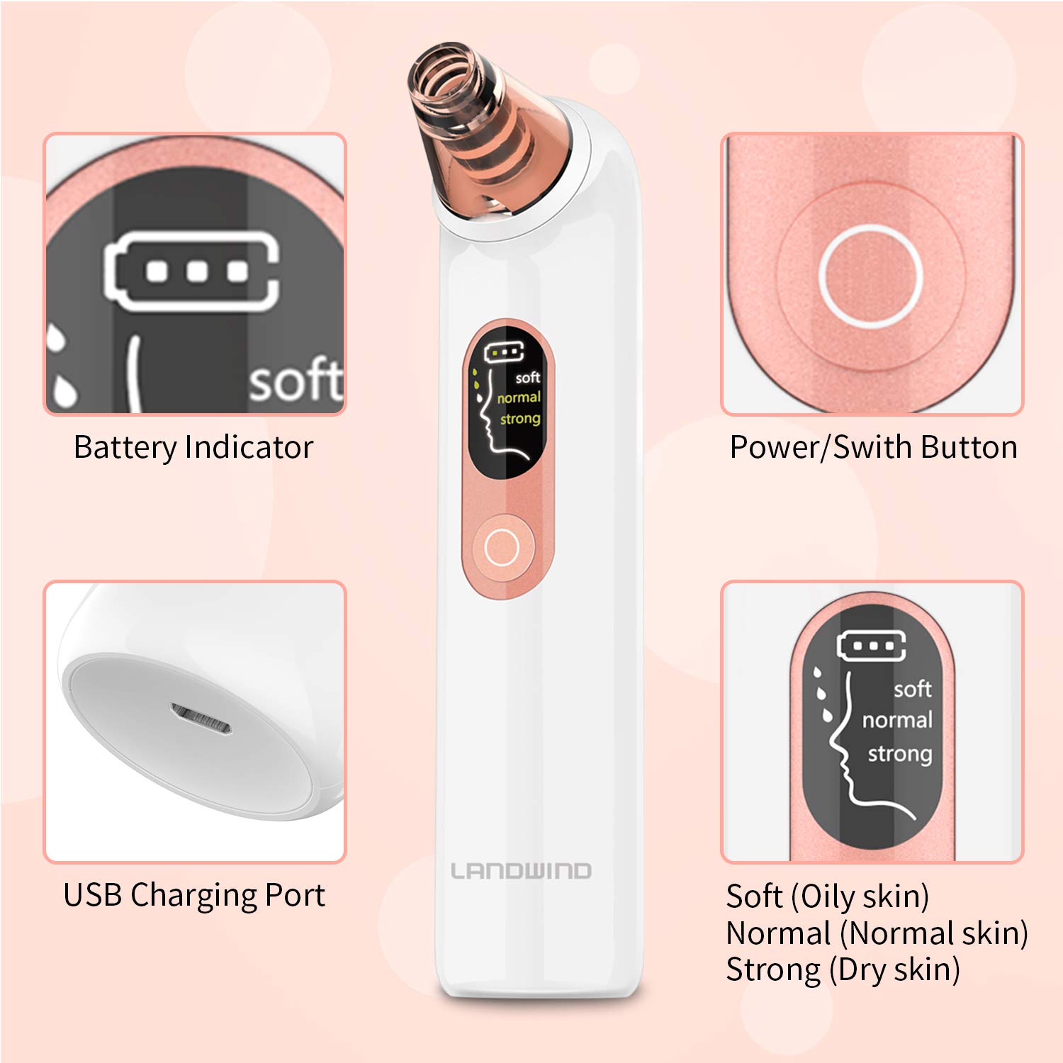 LANDWIND Blackhead Remover, acne suction tool, Facial Cleanser Pore Vacuum, with 4 Probes and 3 Adjustable Suction Level, USB Rechargeable, LED Display, for blackhead, pimple, zit, white heads, Grease