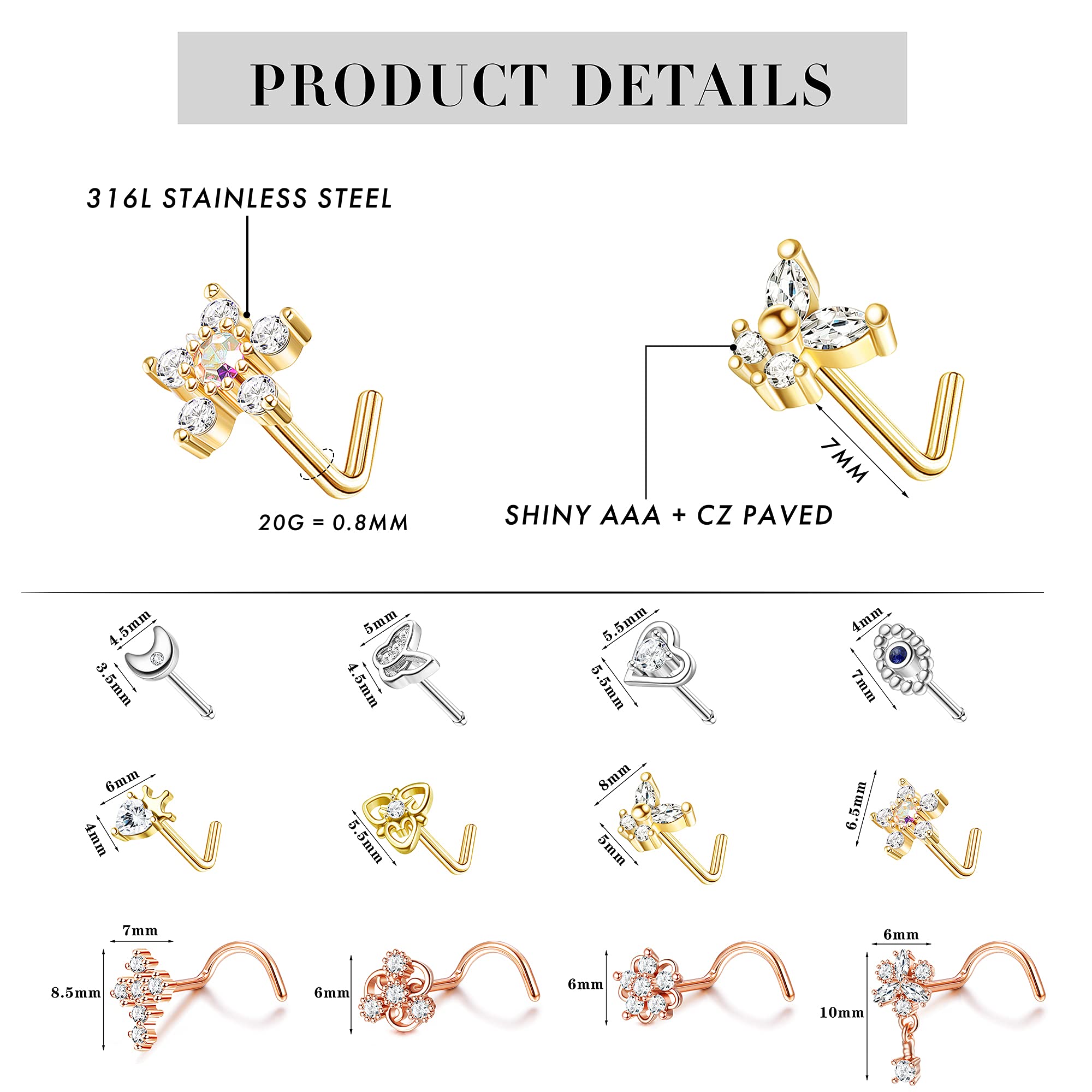 Magitaco 12Pcs 20G Nose Ring Stud L Shape Screw Nose Studs Butterfly Heart Cross Eyil Eye Moon Nose Rings Nose Bone Piercing Nose Stud for Women Men