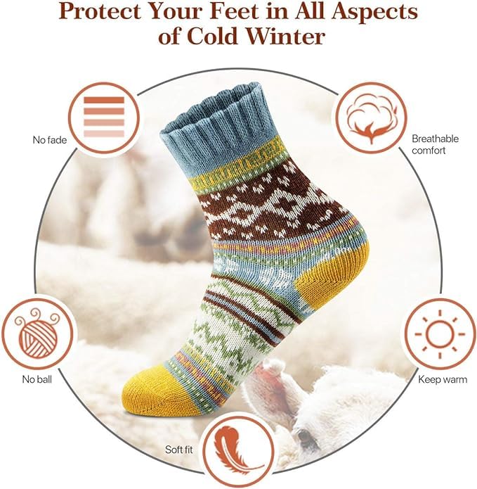 MORECOO 5 Pack Womens Wool Socks Thick Knit Vintage Winter Warm Cozy Crew Socks Gifts