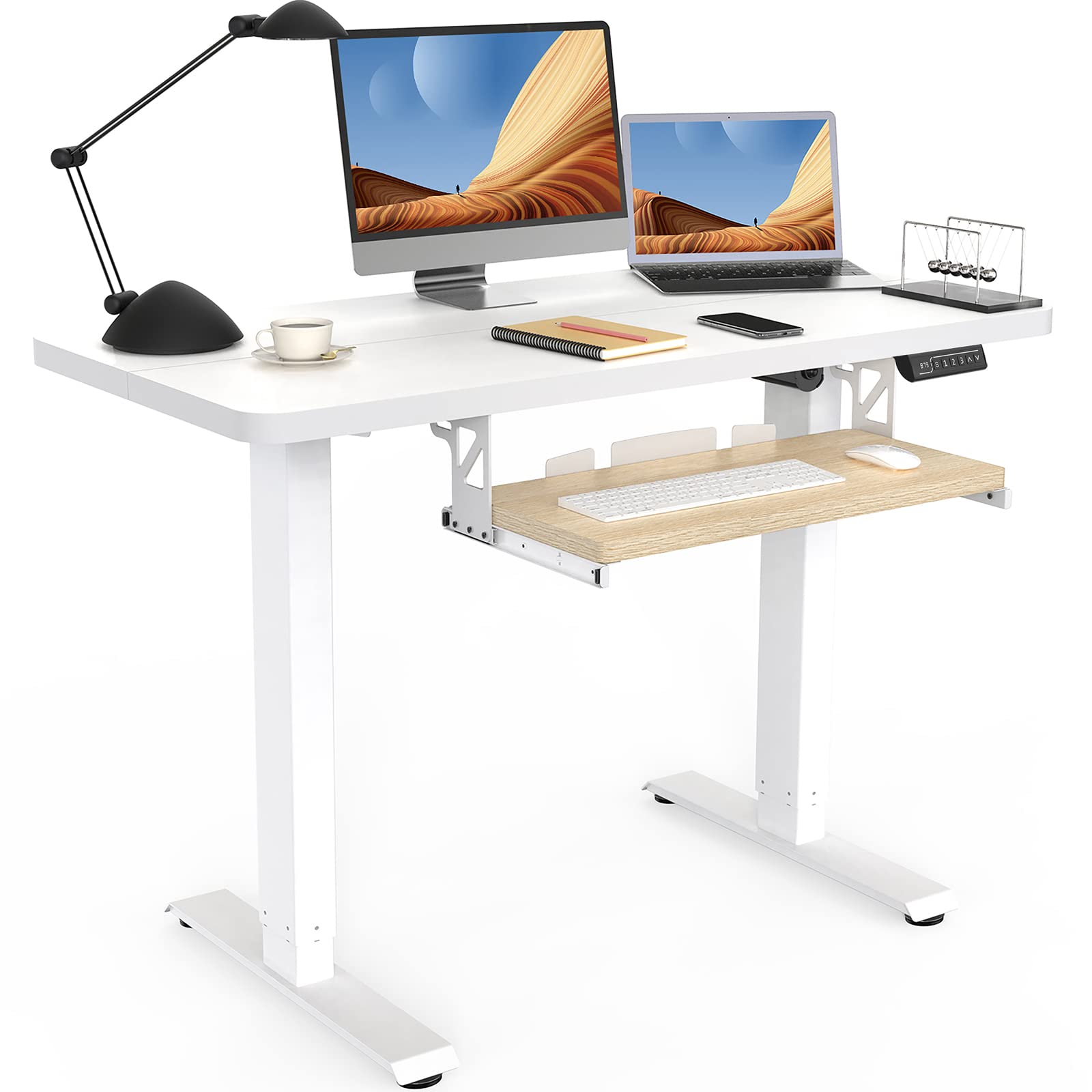 JOY worker White Electric Standing Desk with OAK Keyboard Tray, Splice Board 48 x 24 Inches Sit Stand Up Height Adjustable Desk with Memory Controller, Ergonomic Workstation for Home Office