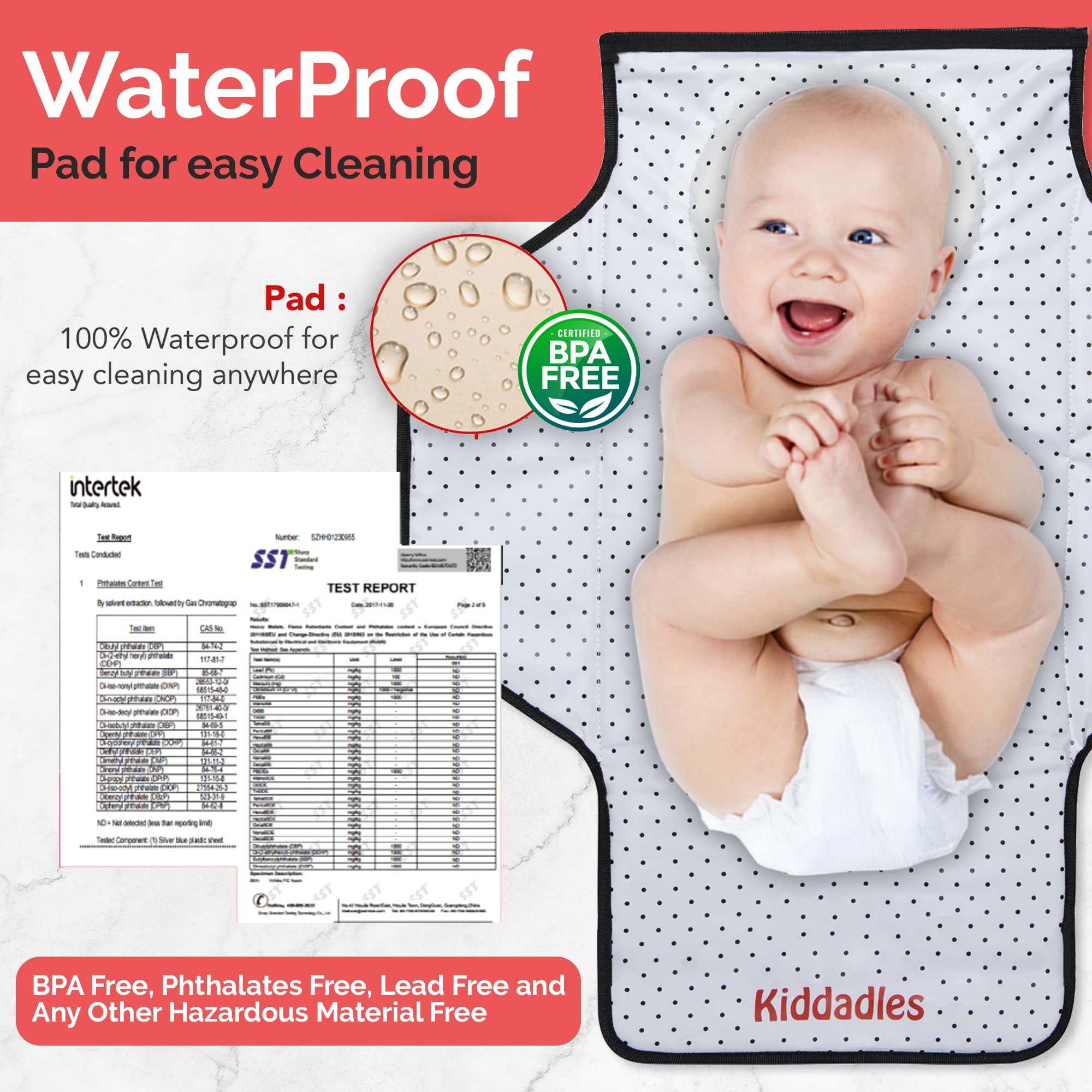 Kiddadles Portable Diaper Changing Pad, Portable Changing Pad for Infants with Soft Pillows, Wet Tissue Pocket & Carry Handle, Waterproof Baby Changing Pad, Newborn Essentials, Baby Shower Gifts