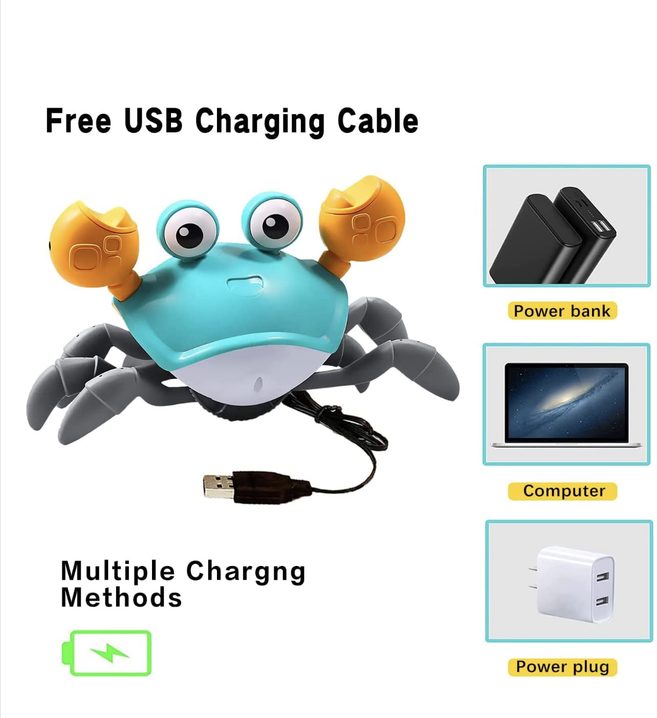 Juguete cabgrejo didactico con música Luces y sensores de movimiento , recargable con USB