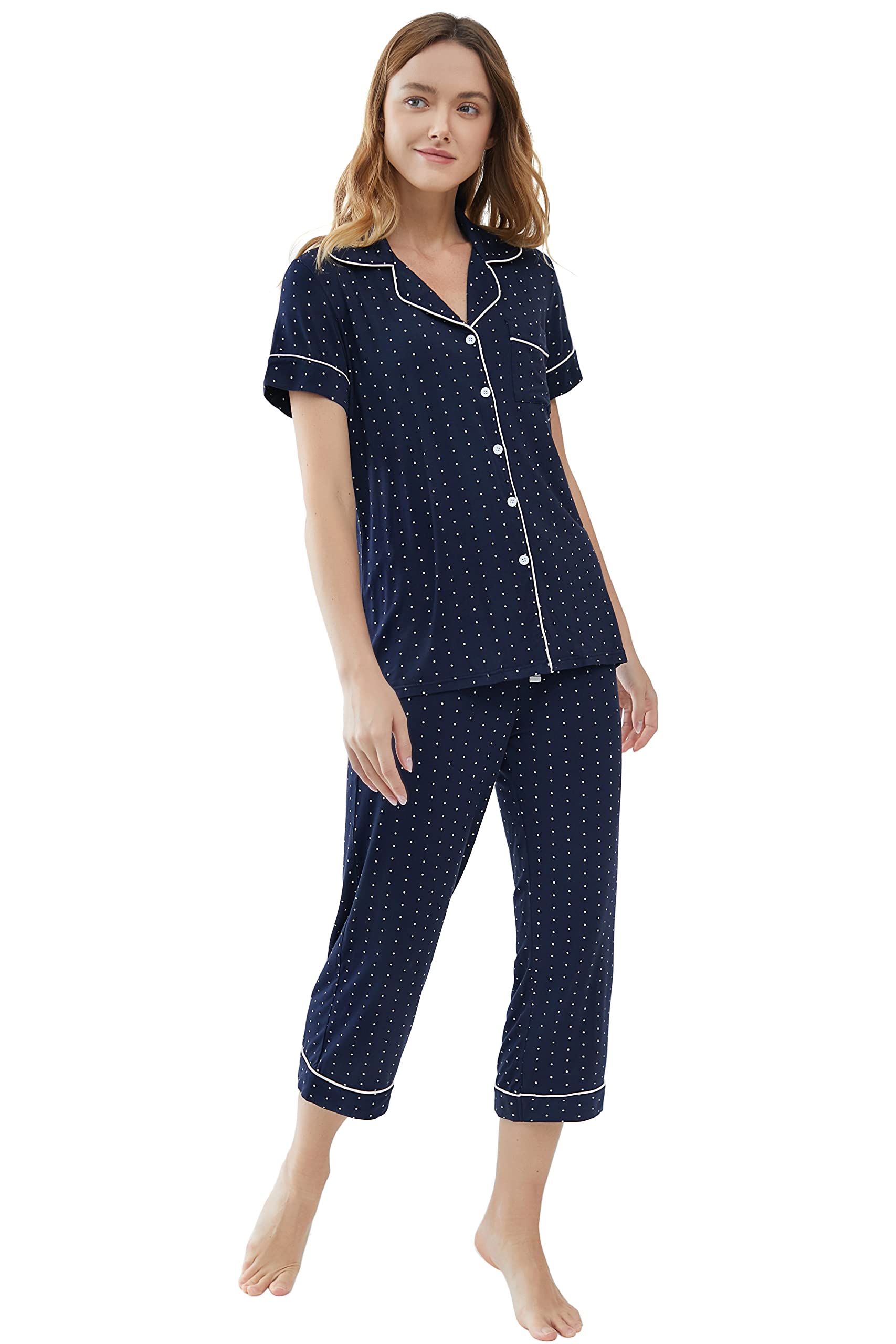 Joyaria Womens Bamboo Viscose Pajamas Set Cooling Moisture Wicking Pjs Night Sweats Sleepwear(White, Small)