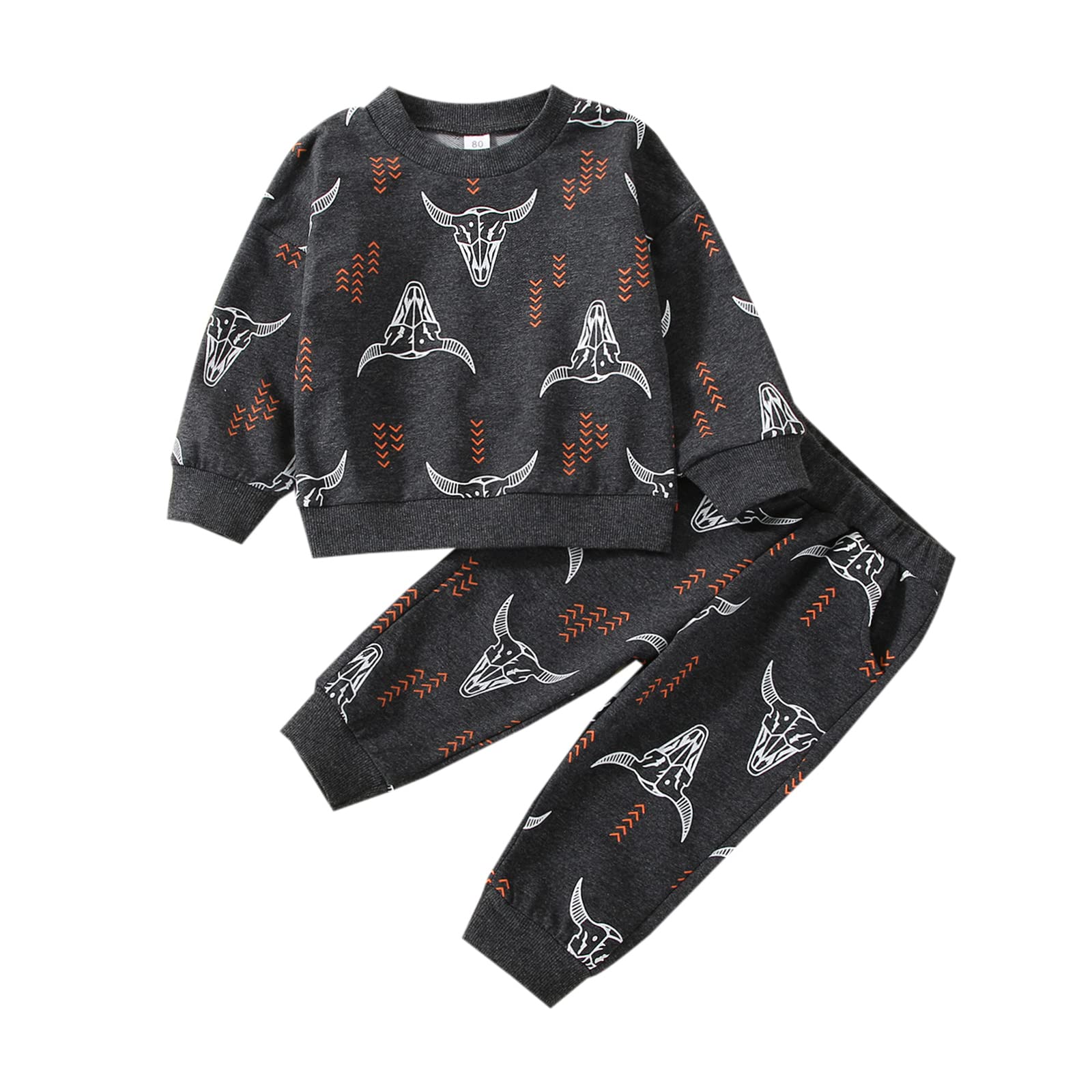 Shvaility Toddler Baby Boy Fall Winter Outfits Long Sleeve Cow Printed Pullover Sweatshirt Tops Pants Sweatsuit Set (Dark Gray , 12-18 Months )