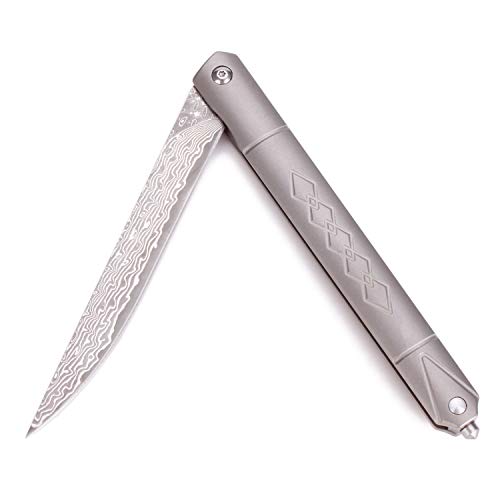 Samior GD035 Small Slim Folding Pocket Flipper Knife, 3.5 inches VG10 Damascus Tanto Blade, Slender Grey Titanium Handle Frame Lock Pocket Clip, Gentleman's EDC Knives