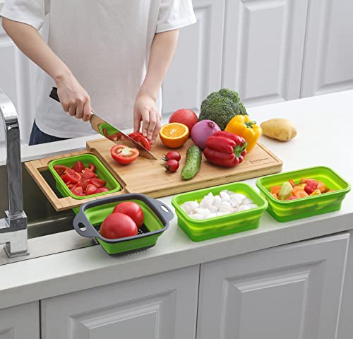 PYINRUOLI Expandable Bamboo Cutting Board With Containers,Over The Sink Cutting Board For Kitchen,Meal Prep deck For Food (Green) Large