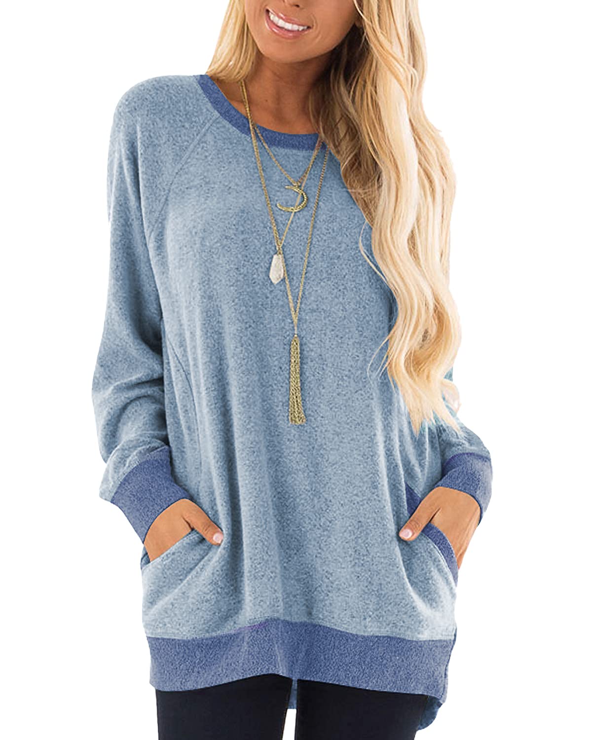 LERUCCI Womens Sweatshirt Round Neck Color Block Long Sleeve Grey Blue Sweater Pocket Shirt L