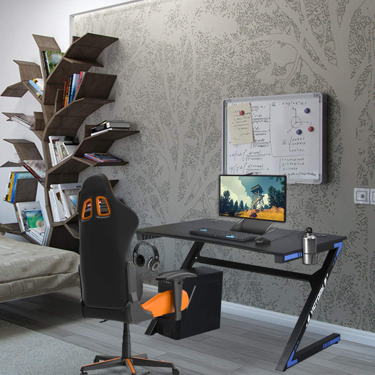 Kazila Gaming Desk Computer Table for Home Office Sturdy Desk with Cup Holder, Headphone Hook Gamer Workstation Laptop PC Desk,Blue