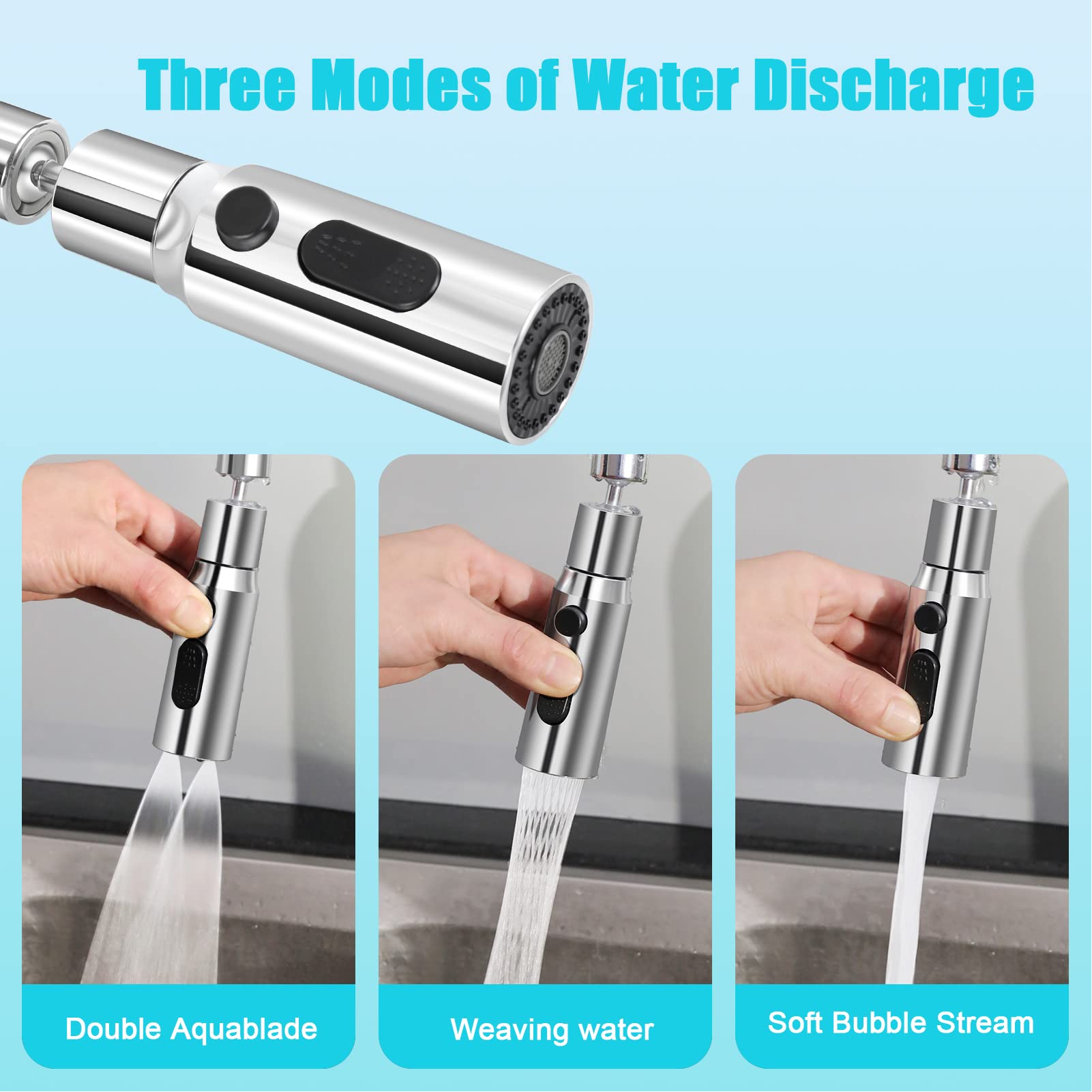 KOZR Kitchen Faucet Spray Head,3-Function Faucet Adapter,720 °Swivel Faucet Extender for Kitchen Faucet Head Replacement