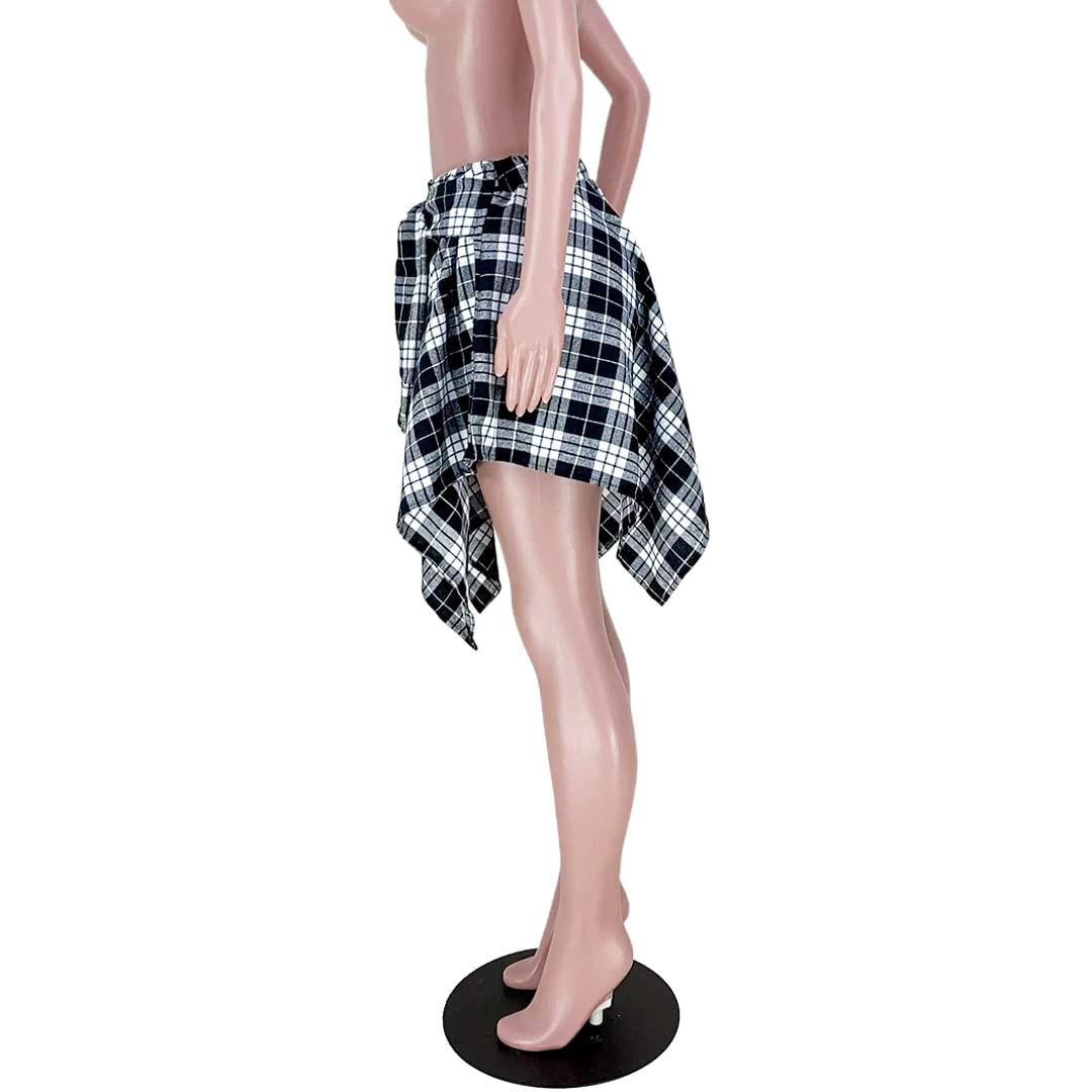 Plaid Skirts for Women High Waisted Knot Front Handkerchief Short Skirt Black White XL