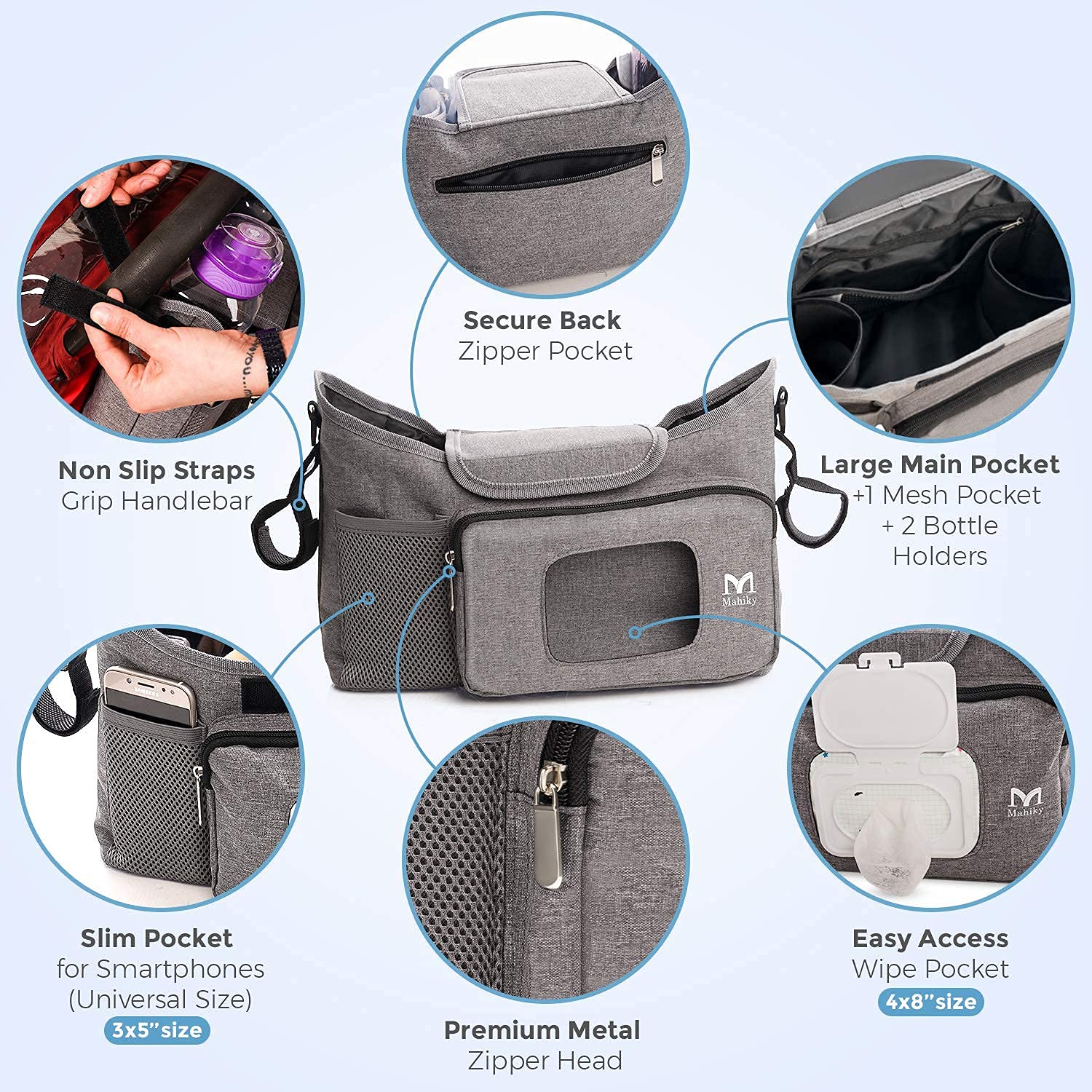 Mahiky Universal Baby Stroller Organizer Stroller Accessories Bag Stroller Storage Bag with Cup Holders Stroller Organizer Parent Console Stroller Storage Pouch with Easy Access Wipes Pocket