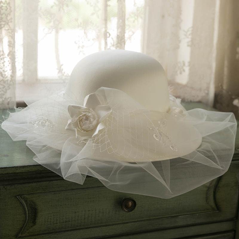 QWZYP Wedding Party Formal Hat Elegant Bridal Hair Accessories Rose Petal Beads Bride Sun Hat with Veil