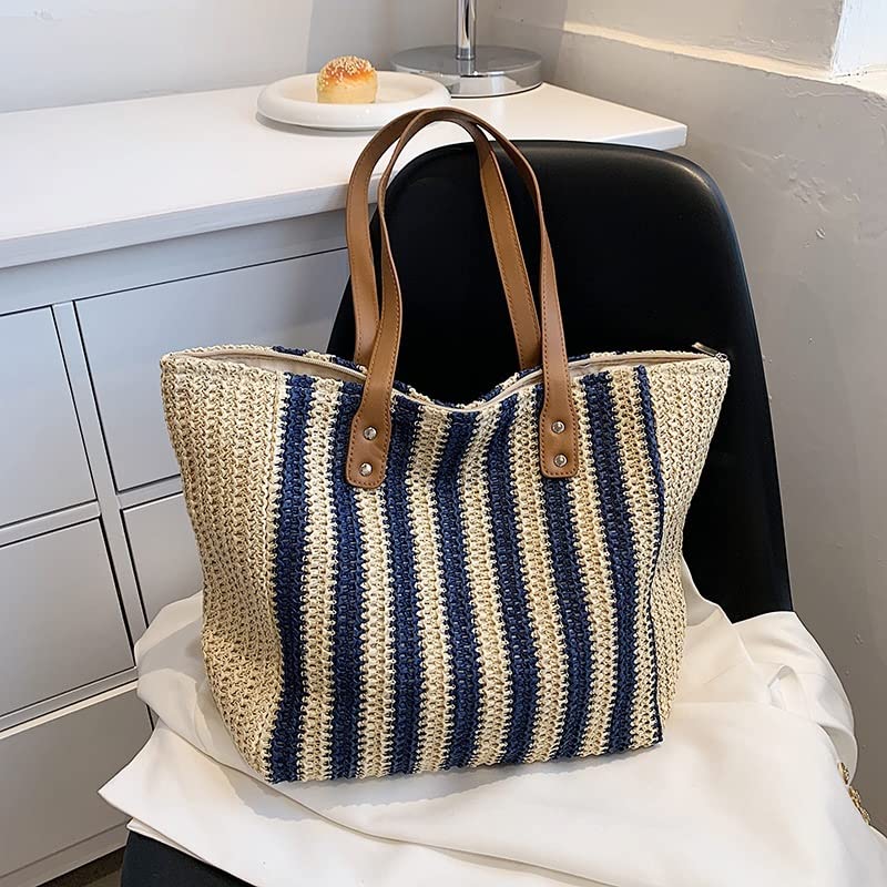 N/A Summer Striped Straw Bag Women Woven Shoulder Handbag Rattan Handmade Beach Bag Large Capacity Totes (Color : B, Size : One Size)