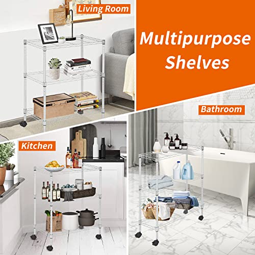 YRLLENSDAN 3 Tier Shelf, Small Closet Shelving Adjustable Shelving Unit Kitchen Storage Shelves with Wheels, Heavy Duty Steel Organizer Wire Rack, Chrome (32" H x 23" W x 13" D)