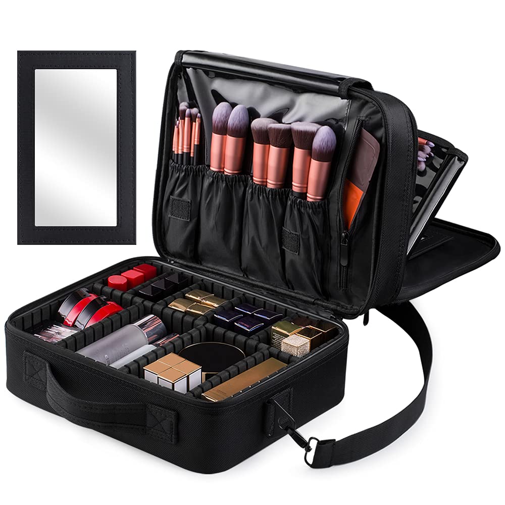 Kootek Large Travel Makeup Bag 3-Layer Cosmetic Train Case Portable Toiletry Organizer with Mirror Removable Dividers Shoulder Strap for Makeup Tools Brushes Jewelry Digital Accessories