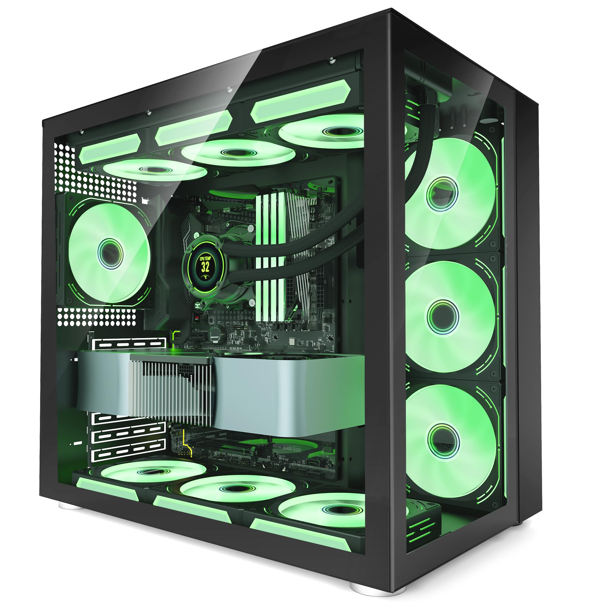 SZD S580 ATX Mid-Tower PC Case, Desktop Gaming Computer Chasssis, Front I/O USB Type-C Port, Dual Tempered Glass Panels, High-Airflow Perforated Top Panel, Fan not Included(Black)