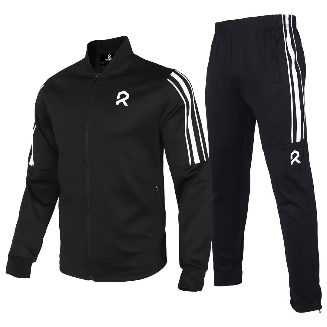 R RAMBLER 1985 Mens track suit set 2 pieces Active Sweatsuit zip up jogging suits for big and tall men lightweight outwear(black,5XL)