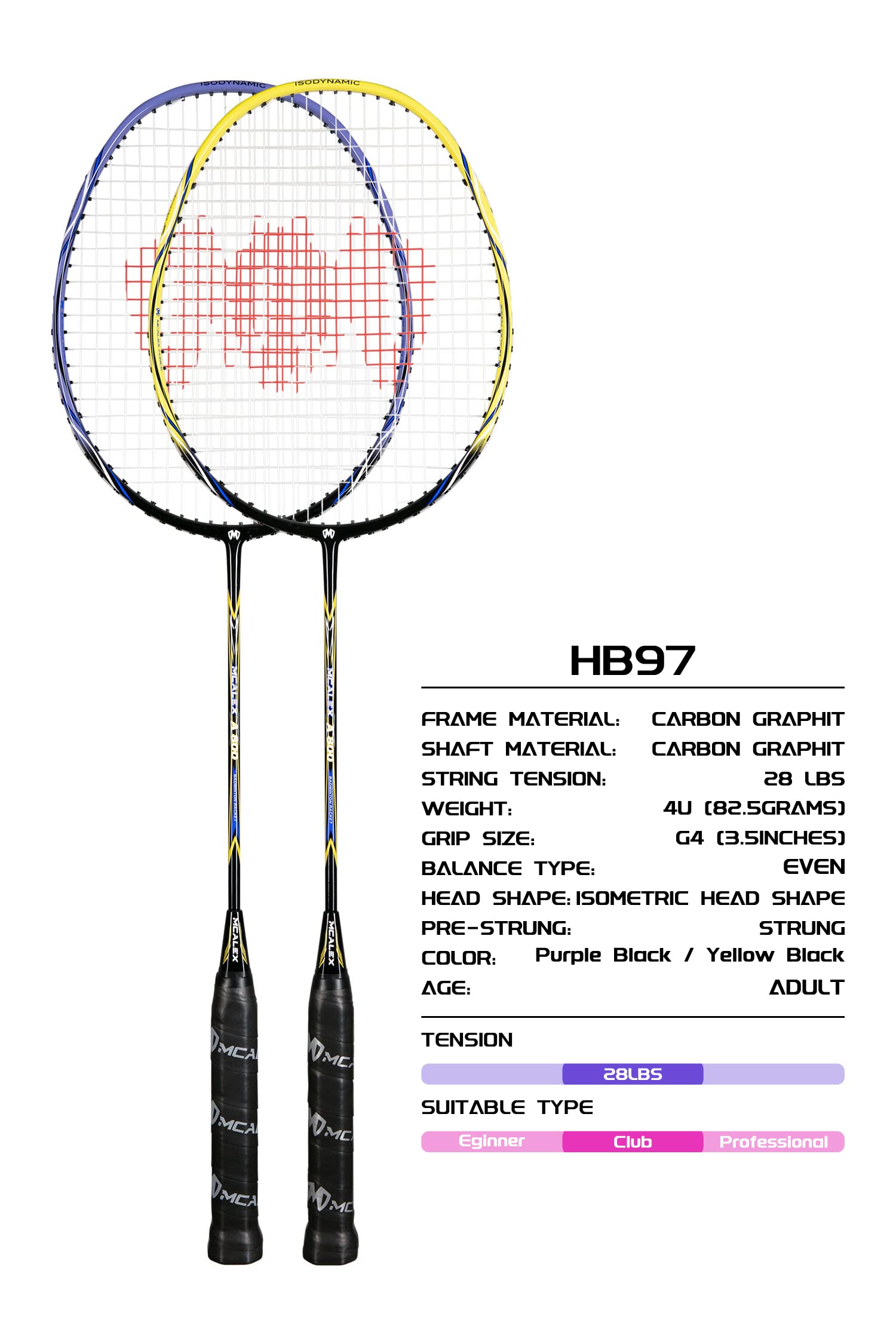 MCALEX Graphite Badminton Rackets Set of 2 for Backyard Games Suitable for Amateurs and Professionals, Badminton Set Including 1 Badminton Bag, 2 Rackets (Blue/Black)