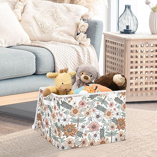 Krafig Foldable Storage Box Large Cube Organizer Bins Boho Flowers Containers Baskets with Lids Handles for Closet Organization, Shelves, Clothes, Toys