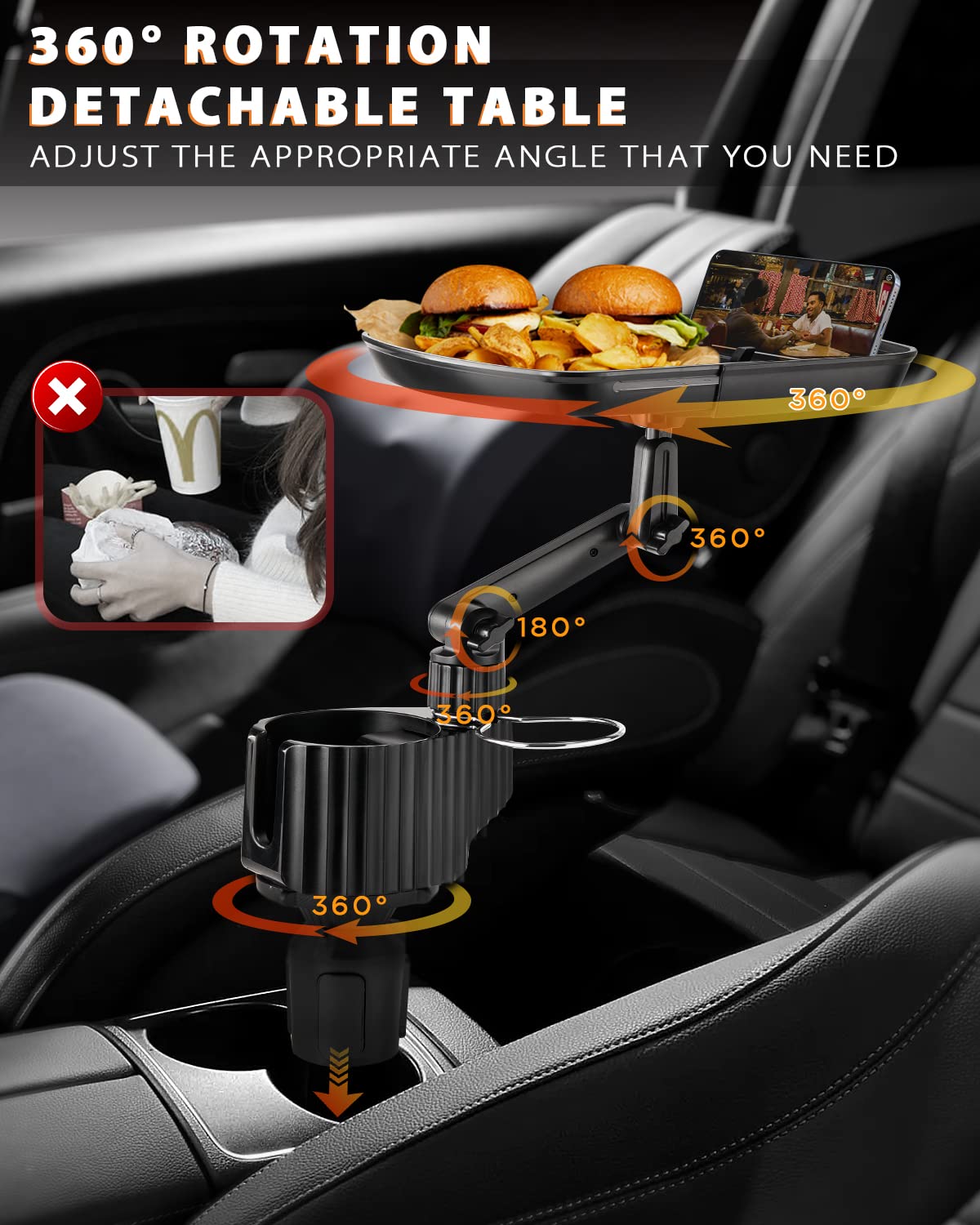 IPOW 4-in-1 Car Cup Holder Expander Tray,Detachable Upgraded Food Tray Expandable Dual Cup with Phone Holder,360°Rotation Adjustable Base,Road Trip Essentials Accessories for Drinking and Eating