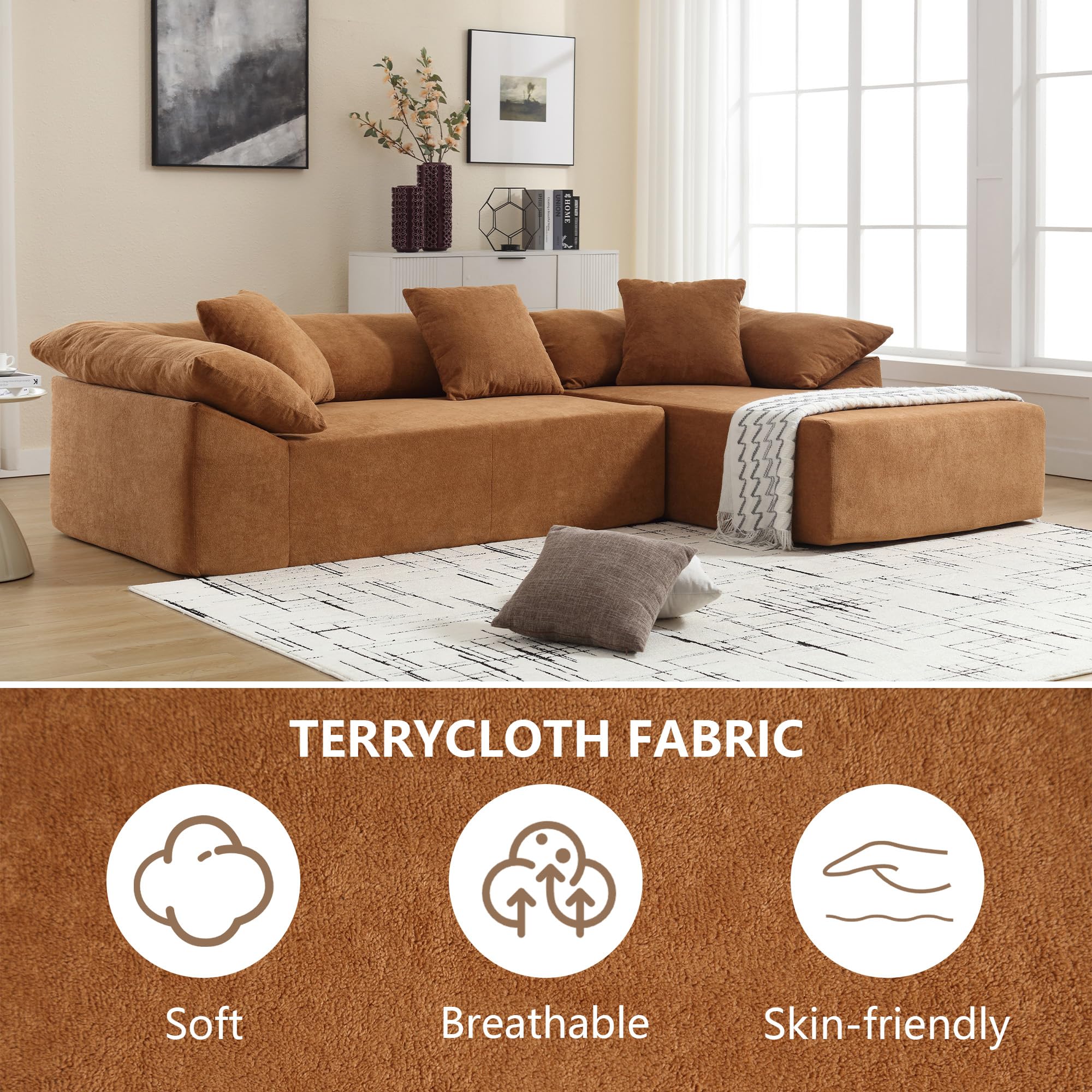 Tmsan Deep Seat L Shaped Sectional Sofa, 105.9" 2 Piece Modular Cloud Couch, Modern Comfy Floor Sofa with Left Chaise & 3 Pillows for Living Room Apartment Office, Terrycloth Fabric (Brown)
