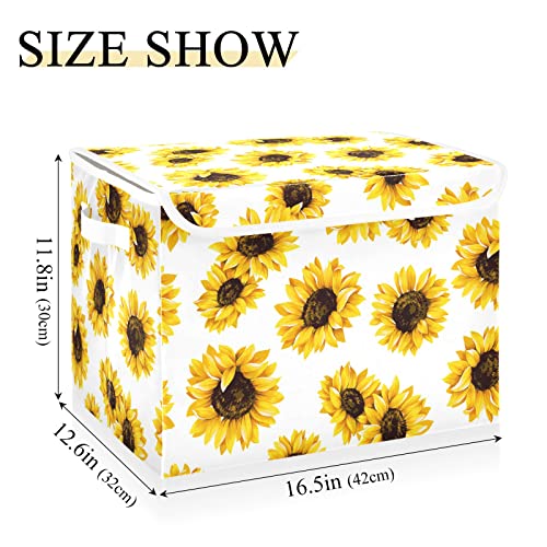 stargrass Foldable Storage Bin Fabric Decorative Storage Box with Lid and Handles,Flower Sunflower Yellow Collapsible Storage Basket 11.8x12.6x16.5 Inch