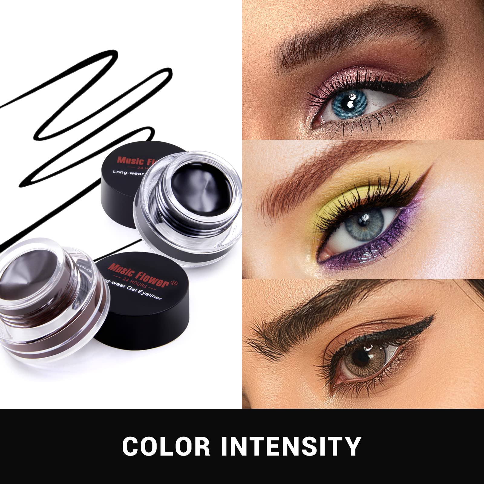 Music Flower Gel Eyeliner, Black and Brown Eyeliner Waterproof Long Lasting Smudge Proof Gel Liner with 2 Brushes, Easy to Eye Makeup and Remove, 3 g, Pack of 2