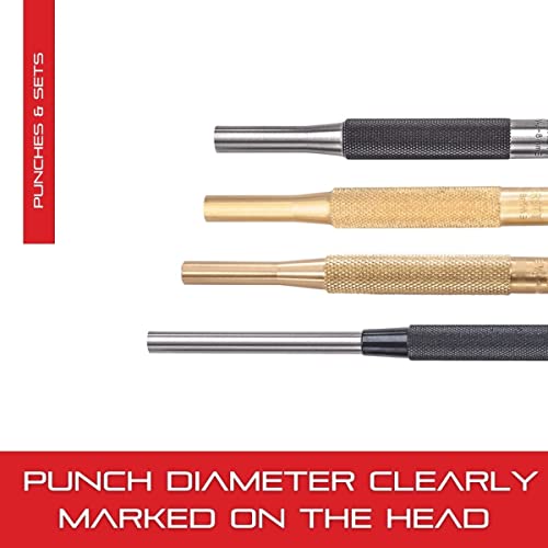 Starrett Drive Pin Punch Set with Knurled Grip in Round Red Plastic Box - 4" Length, 1/16", 3/32", 1/8", 5/32", 3/16", 7/32", 1/4", 5/16" Punch Diameter, Set of 8 - S565WB
