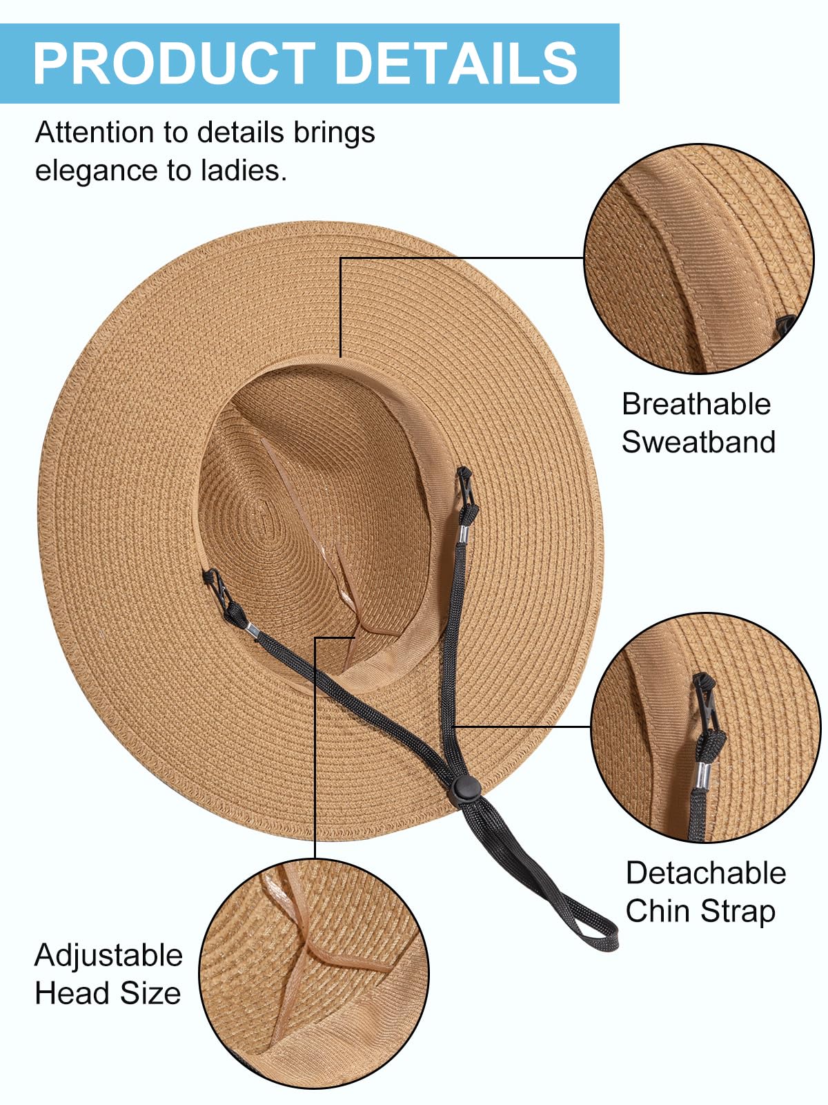 Sun Hats for Women Straw Panama Hat Wide Brim Fedora Beach Hat Packable UV UPF 50+ Summer Hat Khaki