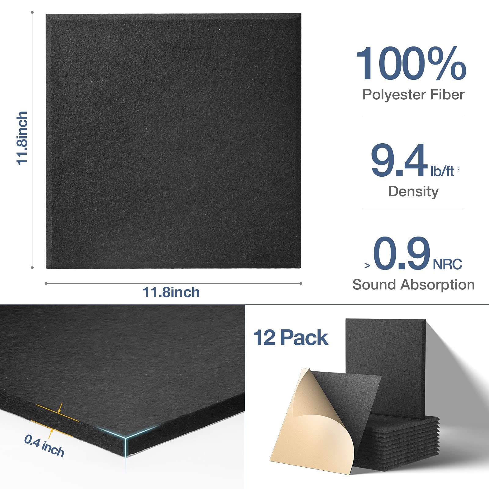 Lebenforce Self-adhesive Acoustic Panels Tiles 12 Pack, 12" X 12" X 0.4" Polyester Sound Proof Padding, High Density Soundproof Wall Panels, Sound Absorbing panel for Home & Offices (Black)