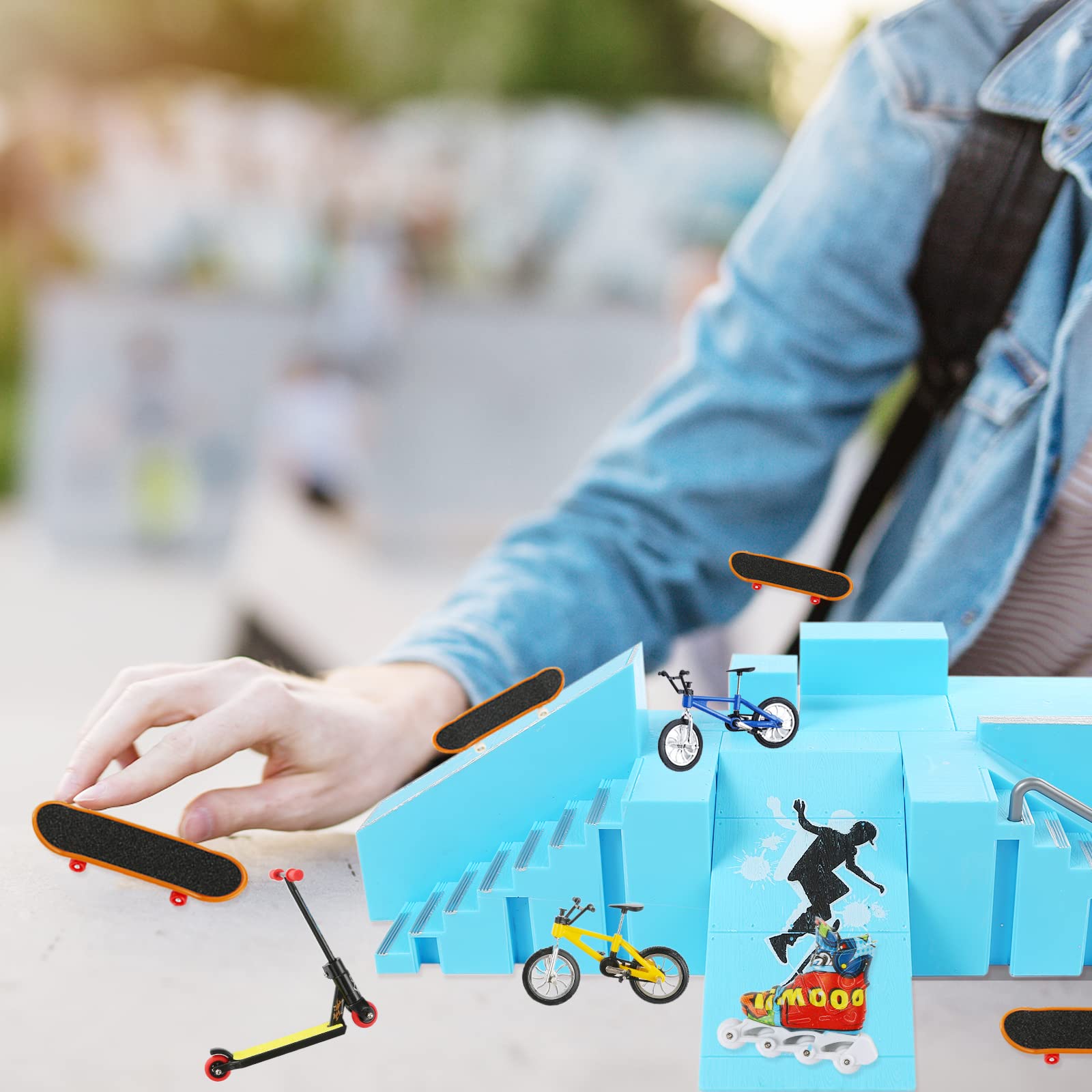 PLSOPPKG 8Pcs Skate Park Kit Ramp Parts for Finger Skateboard Park Kit Part Training Props with Finger Skateboards Finger Bikes Skates Scooters and More(Blue)