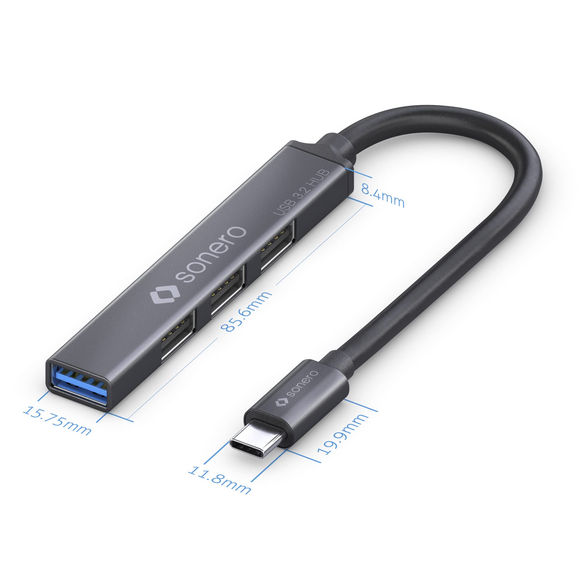 Sonero S-UH110-001 USB Hub, USB Distributor, 4-Port, 1x USB 3.2 with 5 GB/s, 3X USB 2.0 with 480 MB/s, USB-C Plug, Ultra Slim, Space Grey, 0.15 m