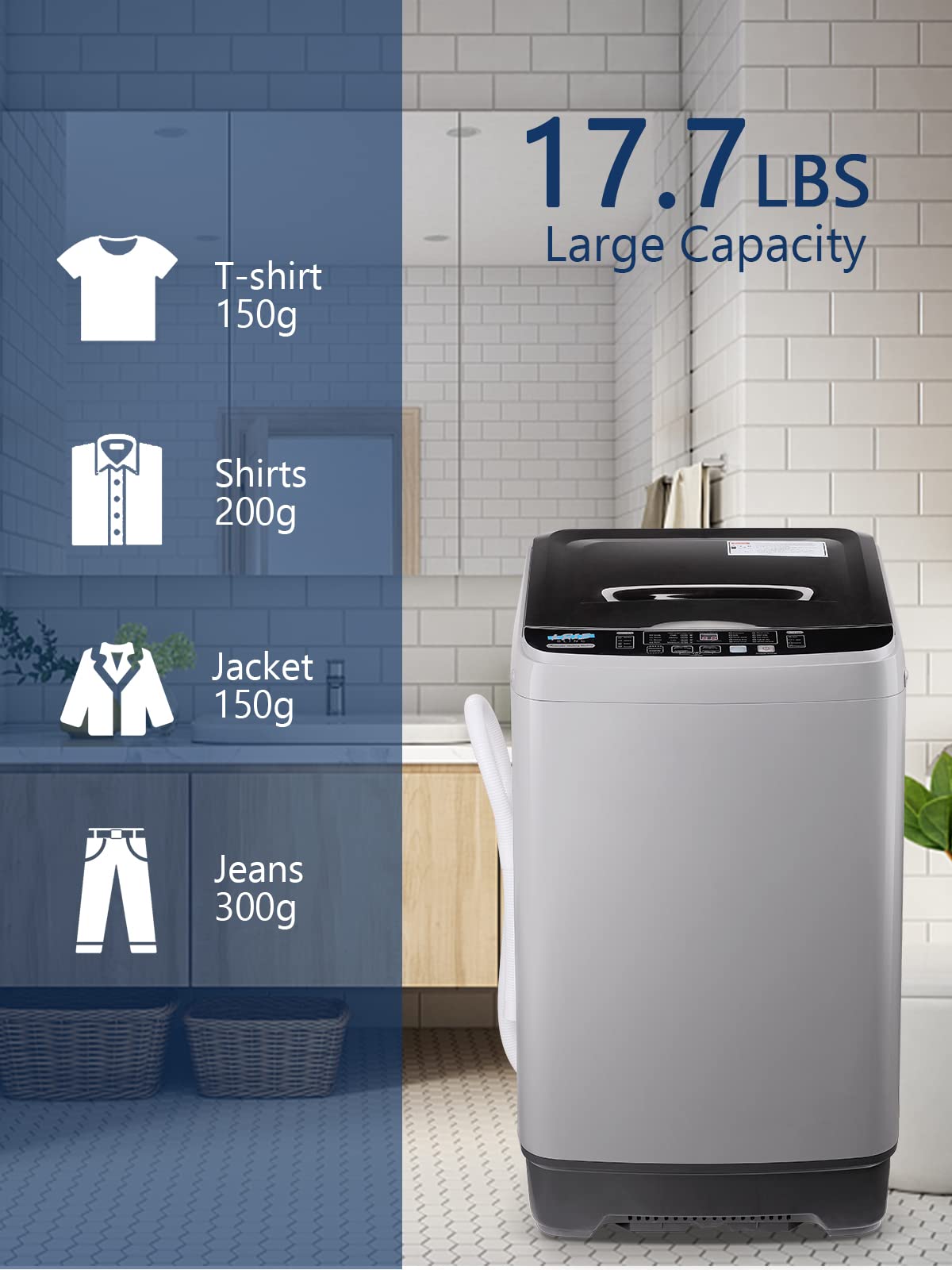 Krib Bling 17.7 lbs Full Automatic Washer with Drain Pump, Washing Machine with LED Display, 10 Washing Programs & 8 Water Levels Selections, Ideal for Camping, Apartment, Dorm, Dark Grey