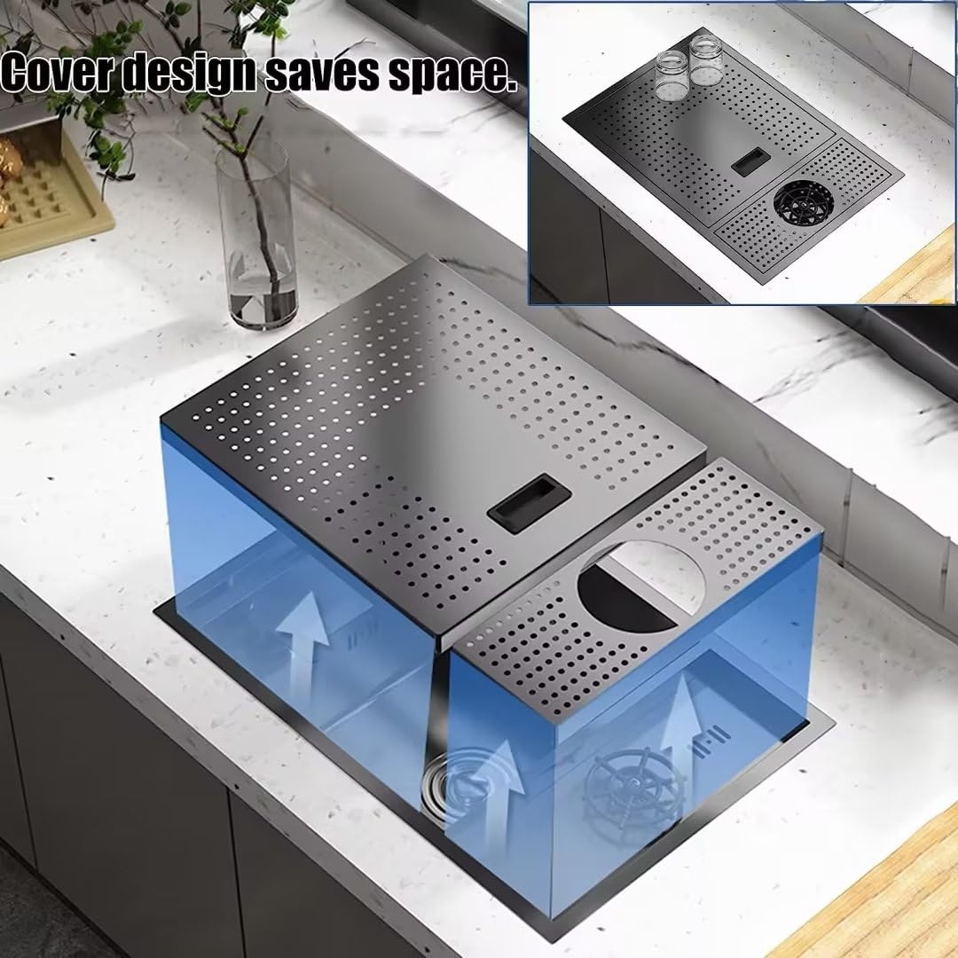 JINGTAO Hidden Sink Bar Counter Handmade Single Sink Household Kitchen Sink with Cup Washer Arc Folding Faucet + Soap Dispenser (Color : Black, Size : 60 * 40 * 22cm)