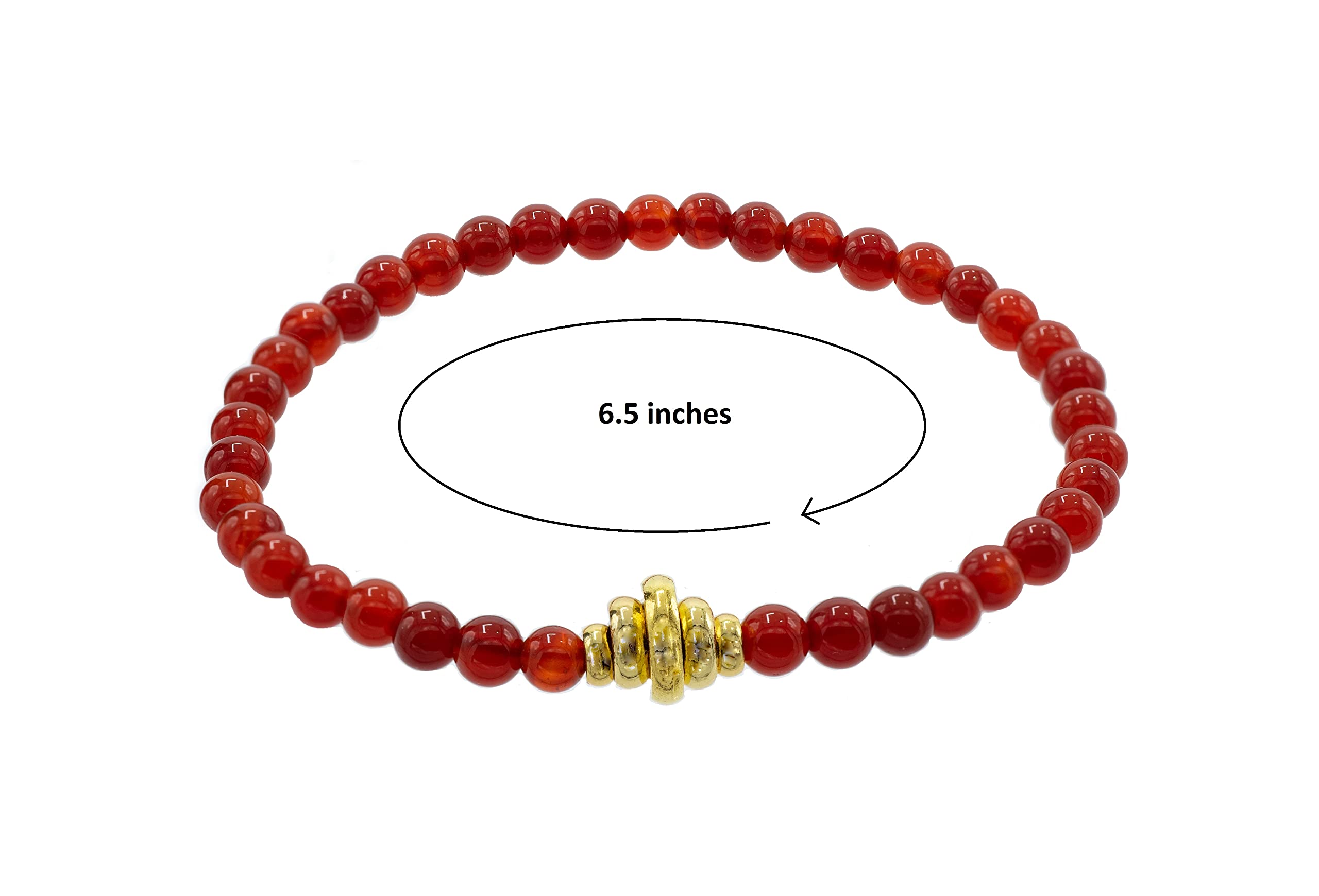 LTC Designs 4mm Red-Agate (Carnelian) Stretch Bracelet with Gold-toned Metal Centerpieces Perfect for Back to School, 6.5".also for Men, Women