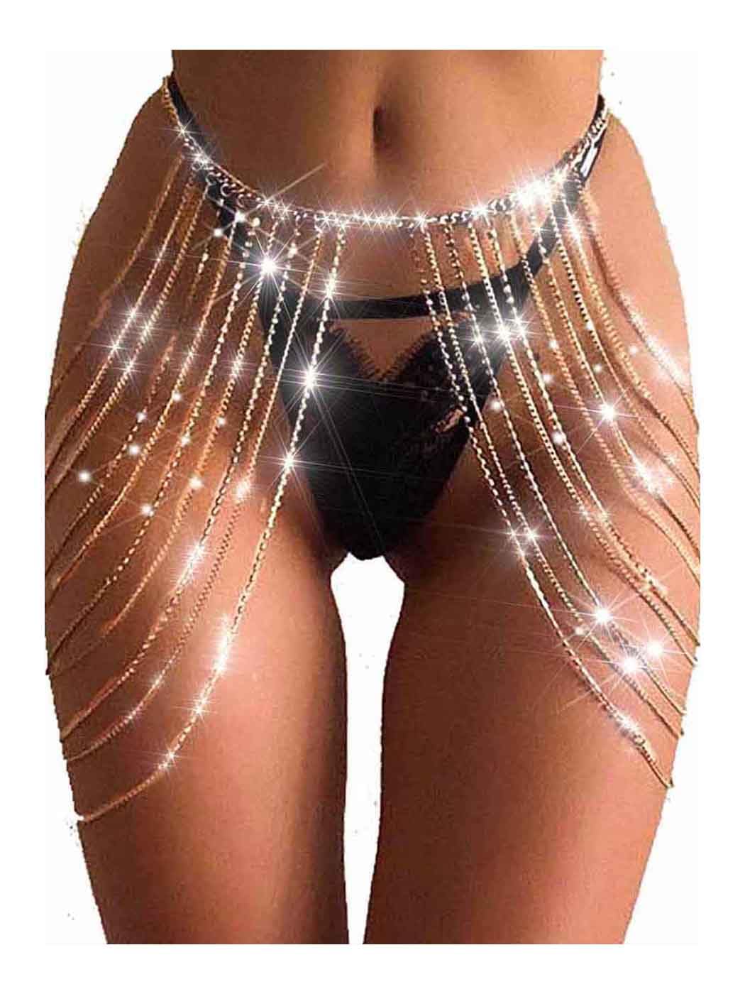 JEWEKY Rhinestone Tassel Waist Chain Gold Crystal Belly Body Chains Rave Beach Body Jewelry Accessories for Women