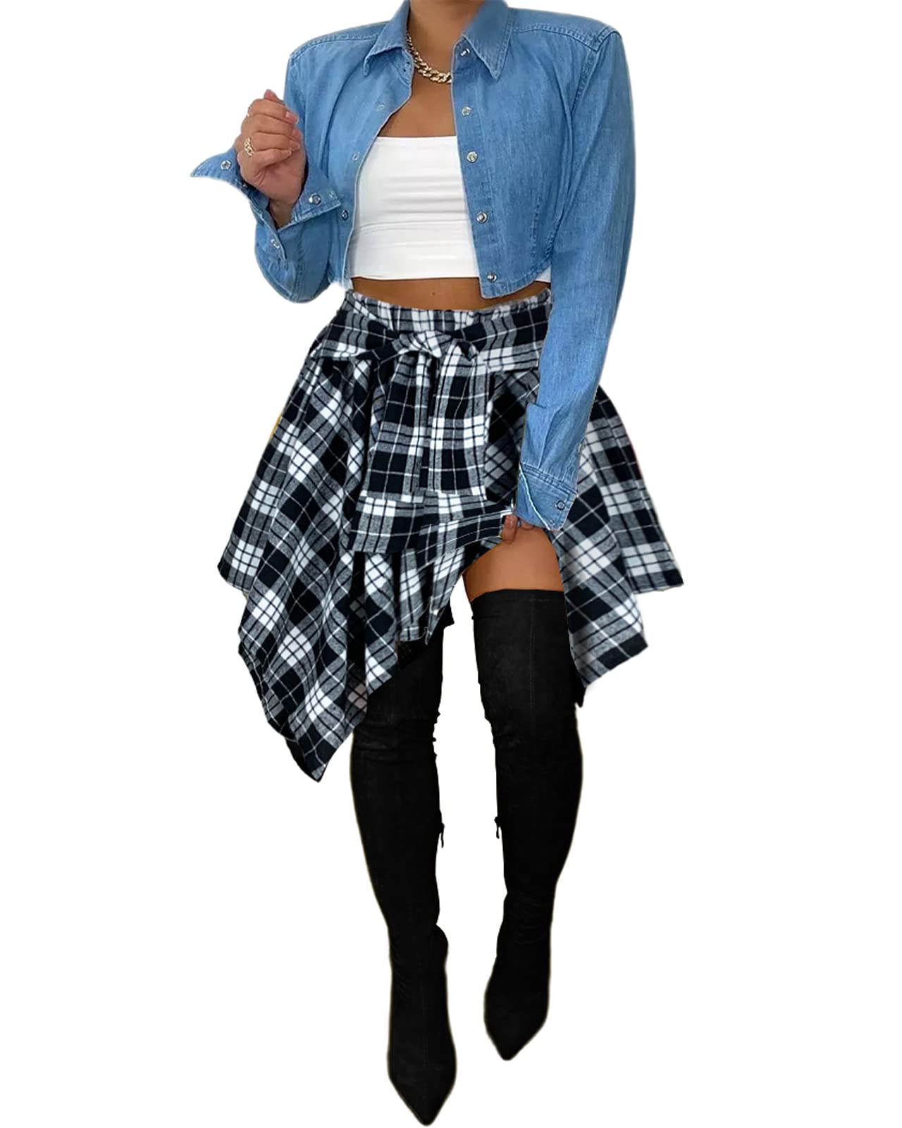 Plaid Skirts for Women High Waisted Knot Front Handkerchief Short Skirt Black White XL