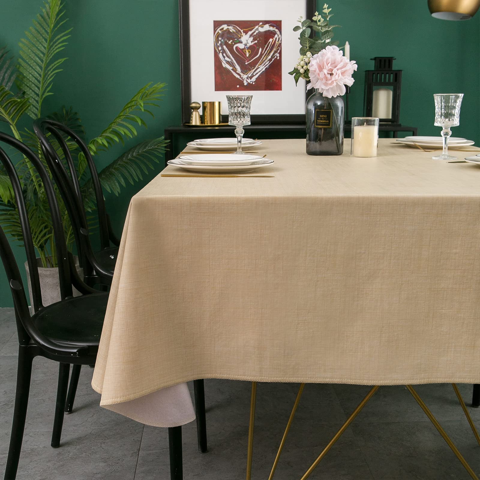 LIBERECOO Vinyl Tablecloth with Flannel Backing Waterproof Oil-Proof Plastic Table Cloth Wipeable PVC Table Cover for Indoor and Outdoor (Champagne Color, 60 x 84 Inch (6-8 Seats))