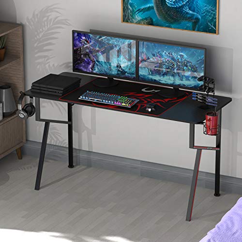It's_Organized Gaming Desk 55 inch PC Computer Desk, K-Frame Home Office Desk Professional Gamer Workstation with Cup Holder Headphone Hook Gaming Handle Rack Free Mousepad, Black